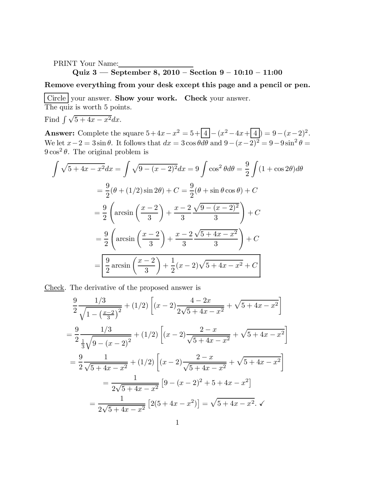 Quiz 3 with Solution for Calculus II | MATH 142 - Docsity