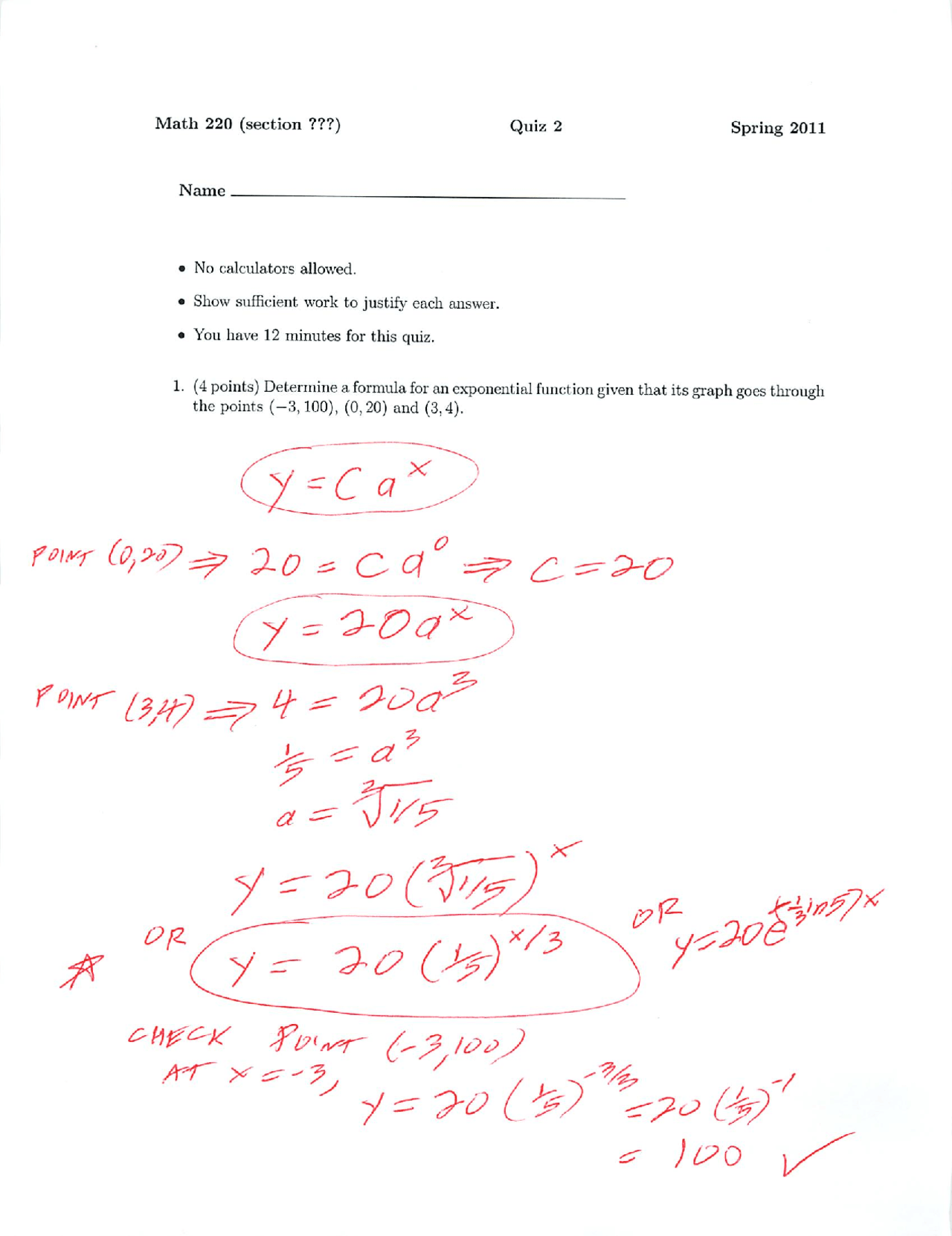 Quiz II with Answers - Calculus - Spring 2011 | MATH 220 | Quizzes ...