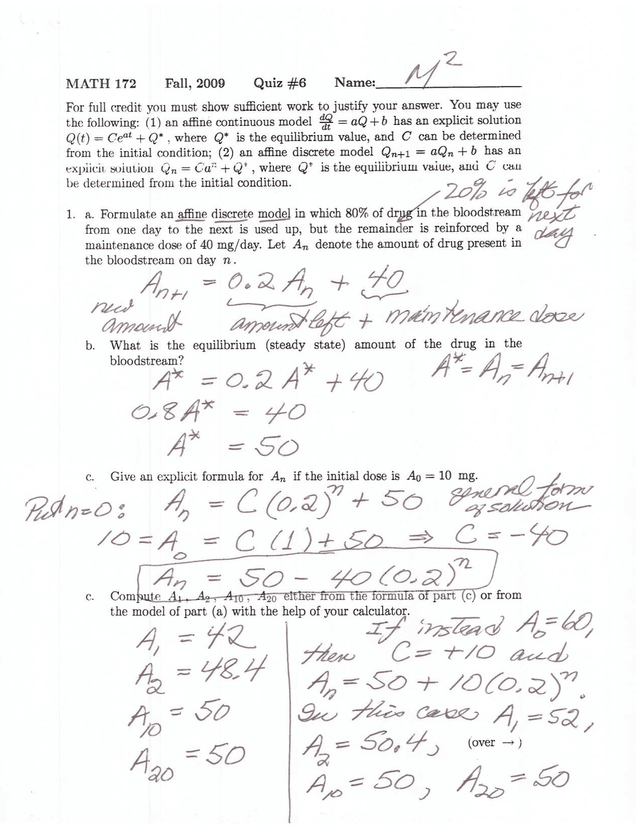 Quiz 6 With Solutions Mathematics Models Life Science Math 172