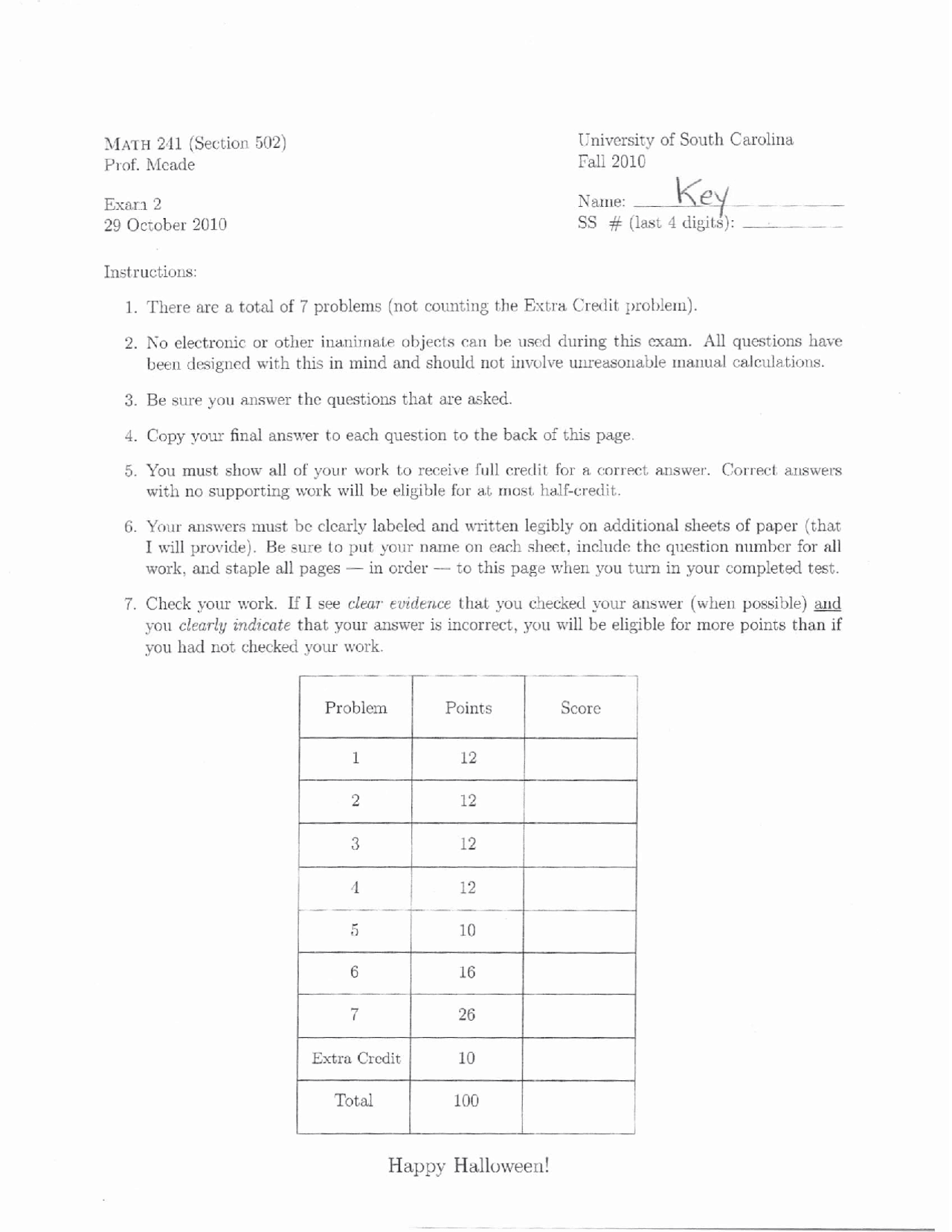 Solved Exam For Vector Calculus Math 241 Docsity