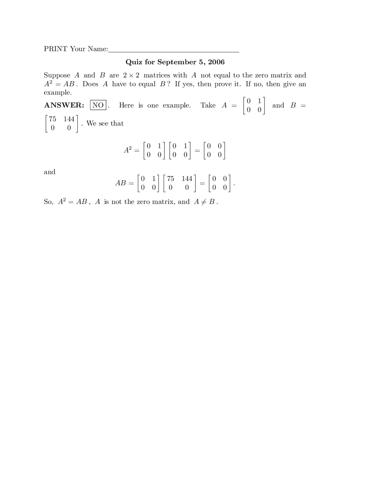 Quiz 2 with Answers - Linear Algebra | MATH 544 - Docsity