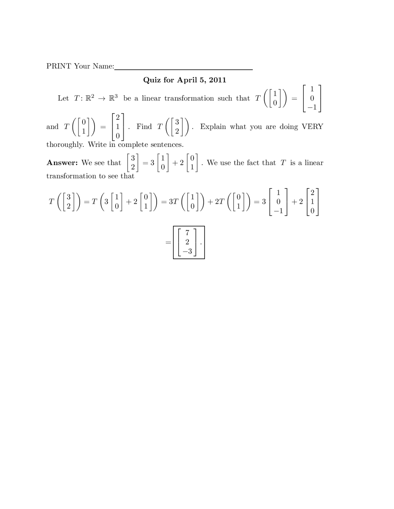 Quiz With Solution For Linear Algebra 2001 Math 544 Docsity