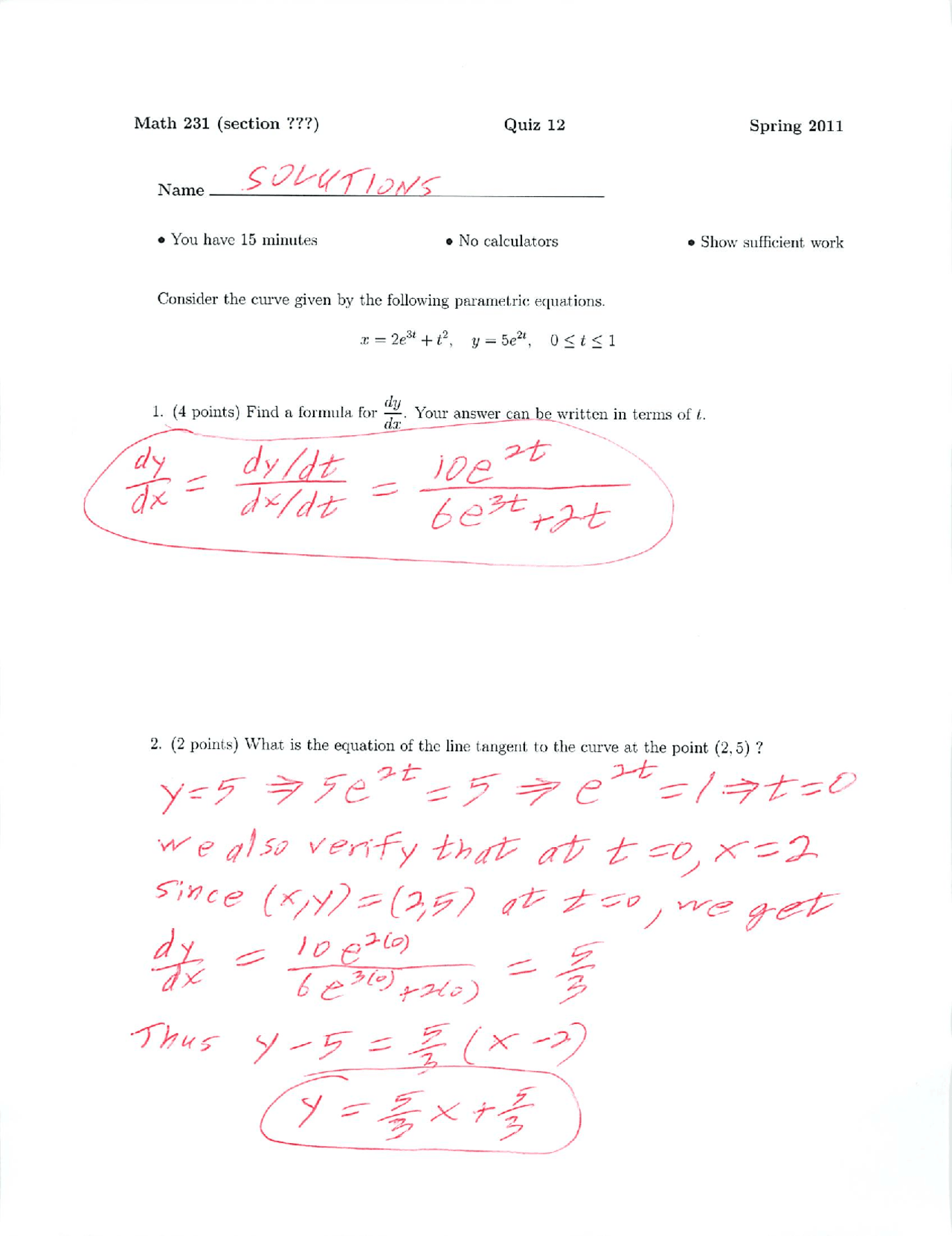 Quiz 12 with Solutions for Calculus II - Spring 2011 | MATH 231 | Quizzes Calculus | Docsity