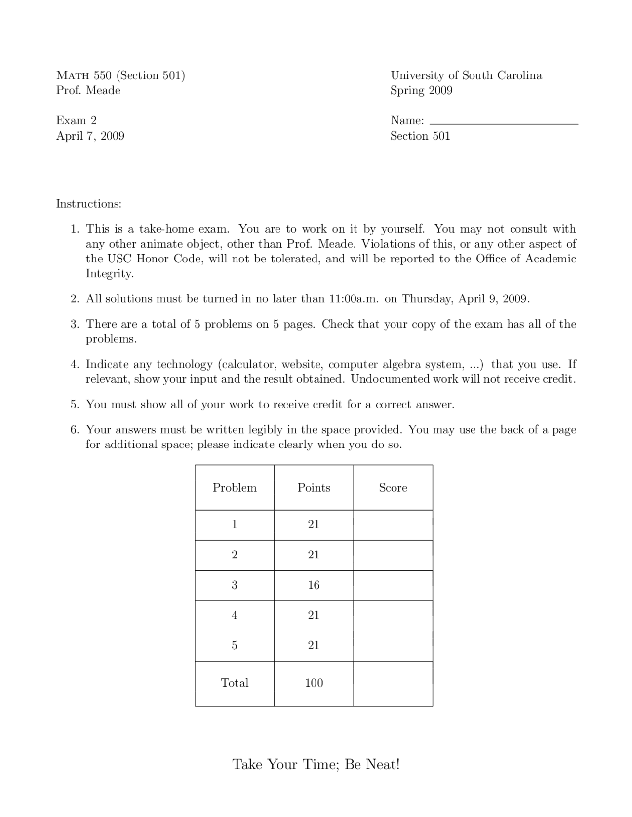 5 Problems for Exam 2 - Vector Analysis | MATH 550 - Docsity