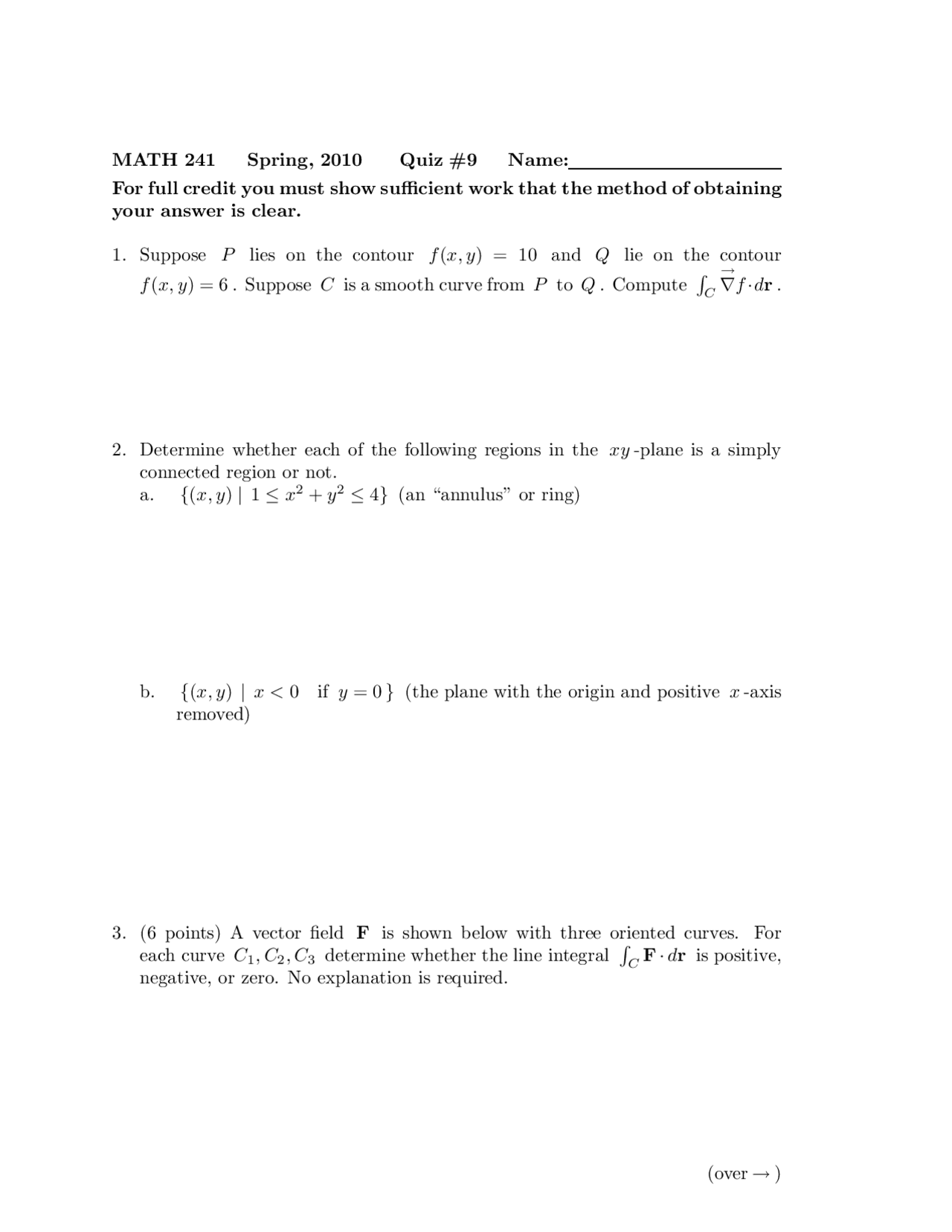 Quiz 9 Questions for Vector Calculus | MATH 241 - Docsity