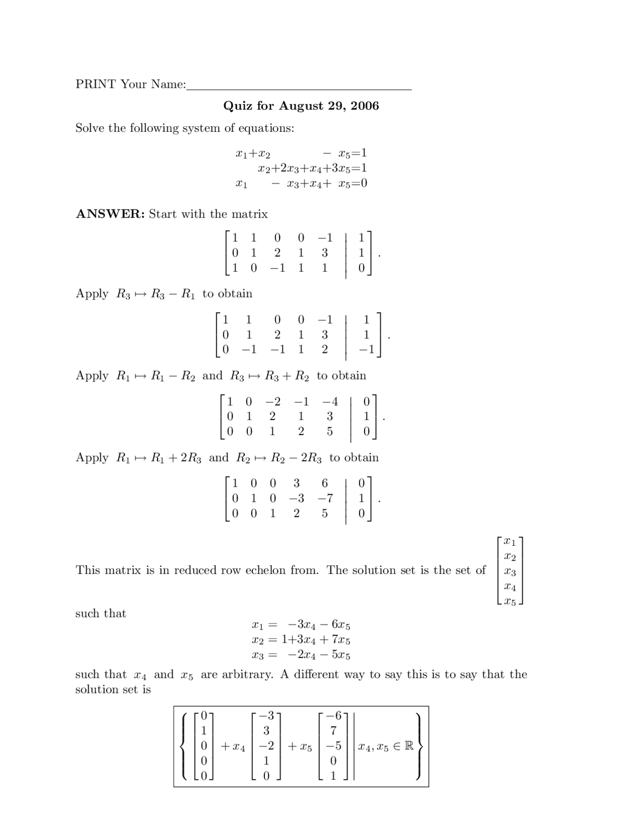 Linear Algebra Quiz I With Solutions Math 544 Docsity