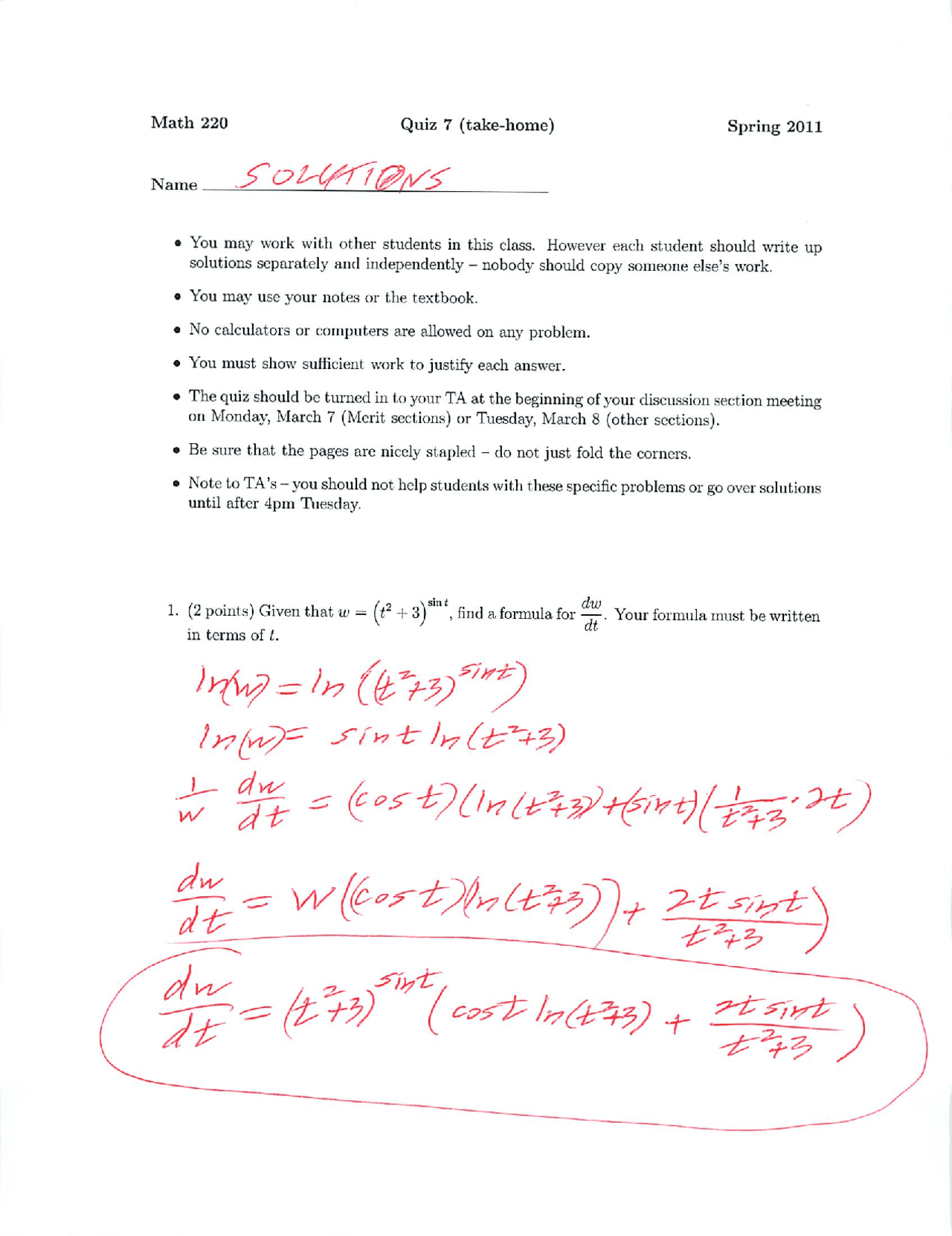 4 Solved Problems On Variable Calculus Quiz 7 Math 220 Docsity