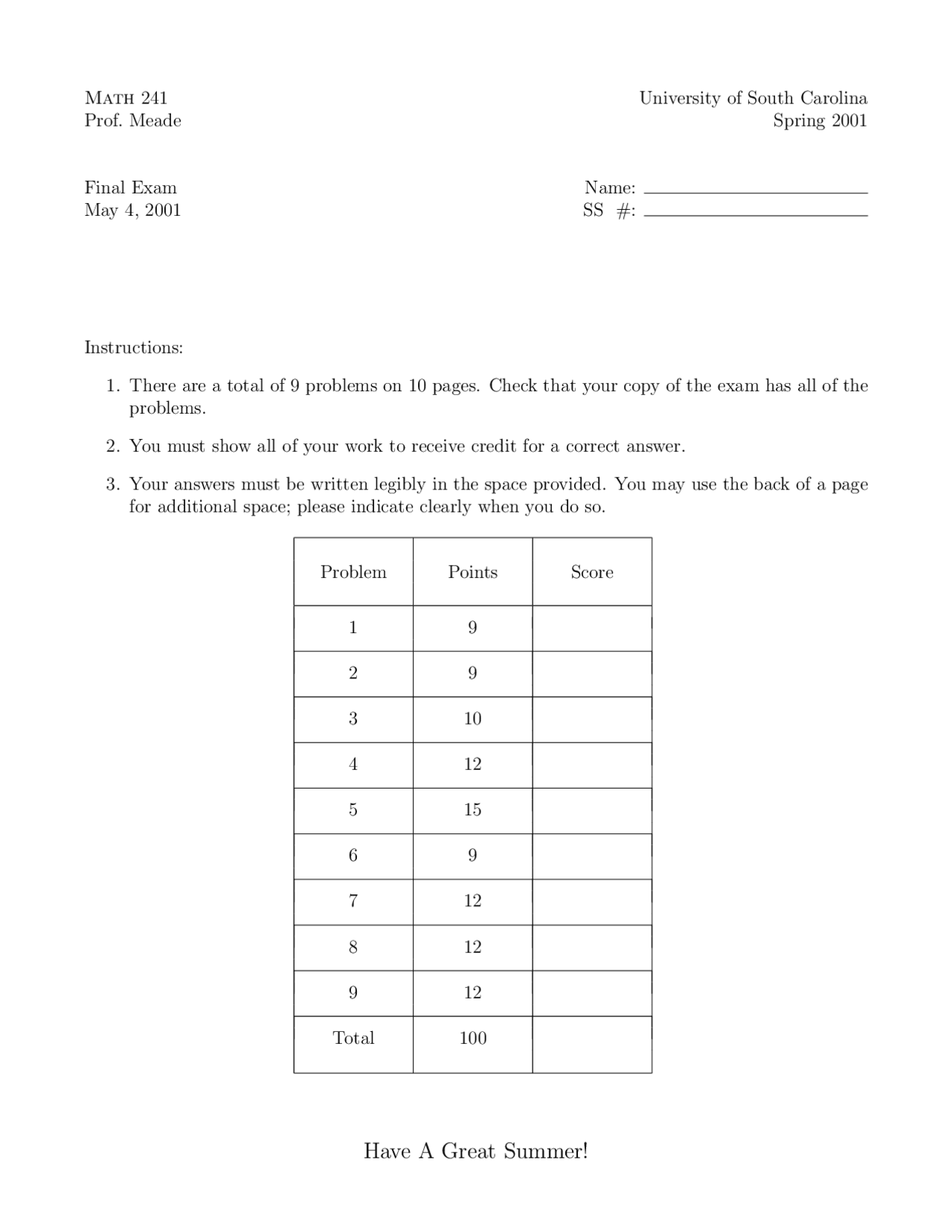 9 Problems On The Parametric Equations Final Exam Math 241 Docsity