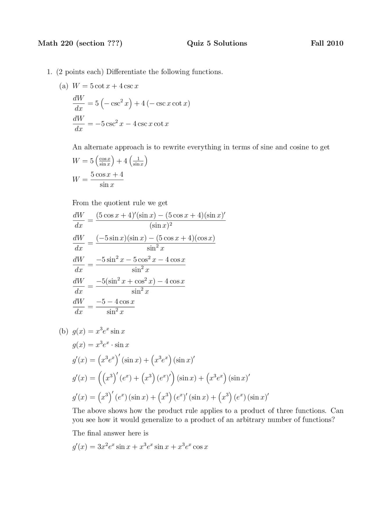Solved Questions For Calculus Quiz Five Math 220 Docsity