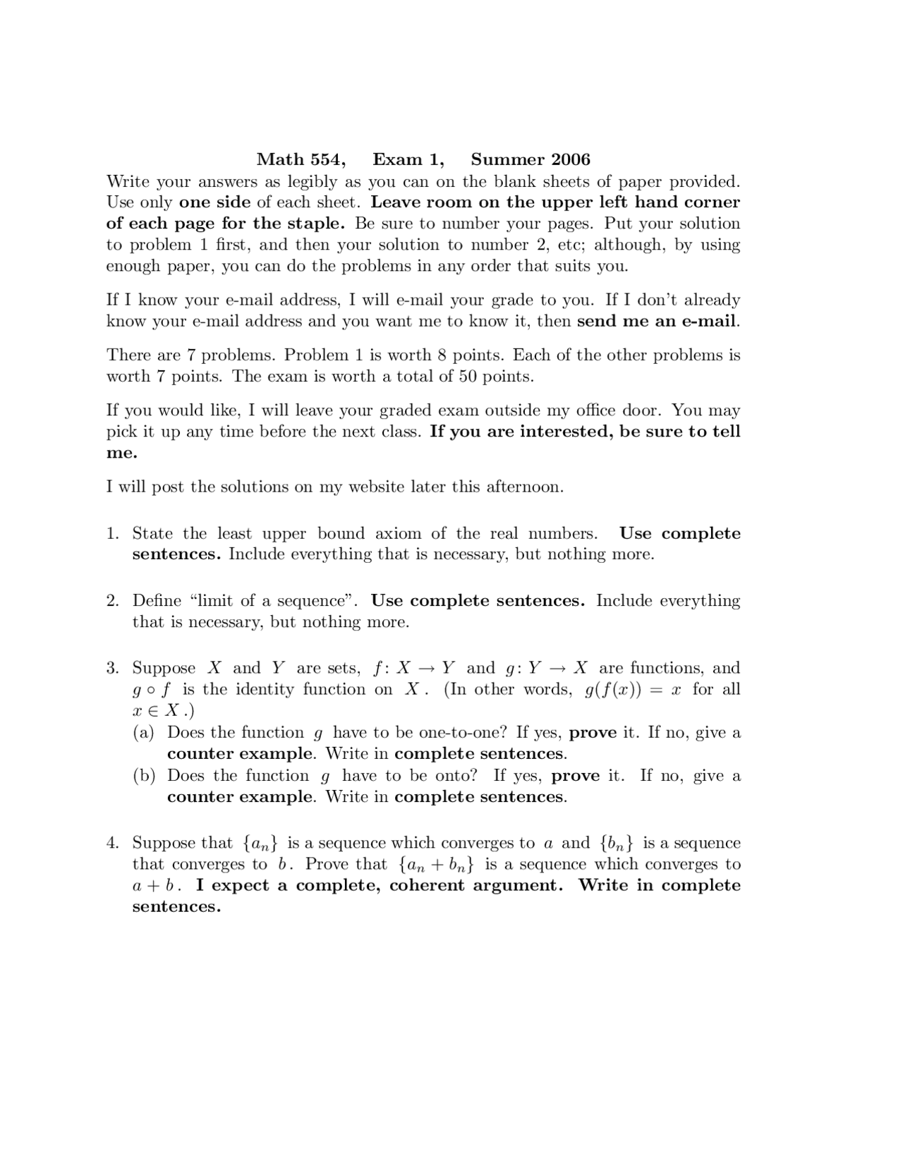 Exam 1 Problems Analysis I Summer 2006 Math 554 Docsity