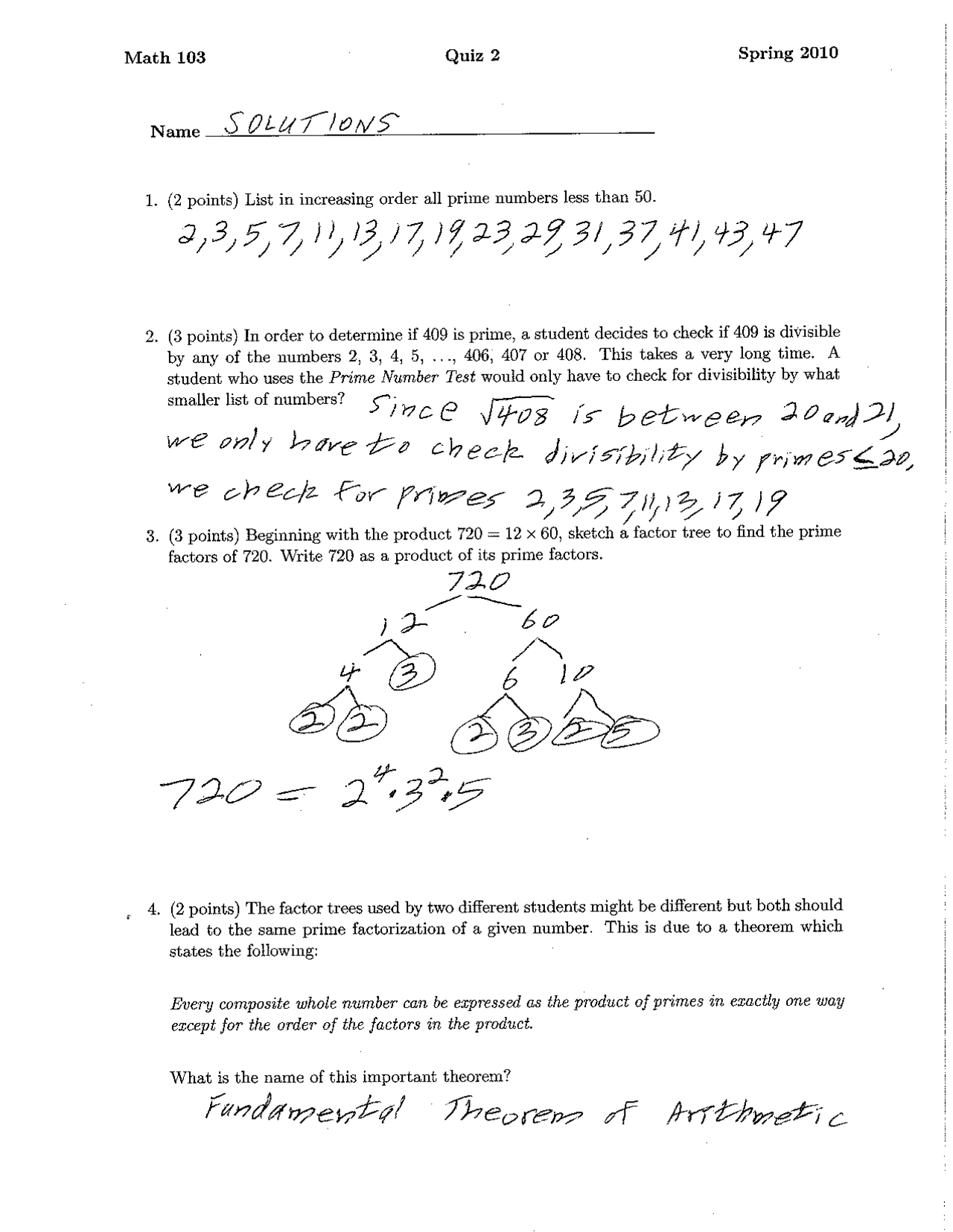 Quiz 2 Solutions For Theory Of Arithmetic Math 103 Quizzes Elementary Mathematics Docsity