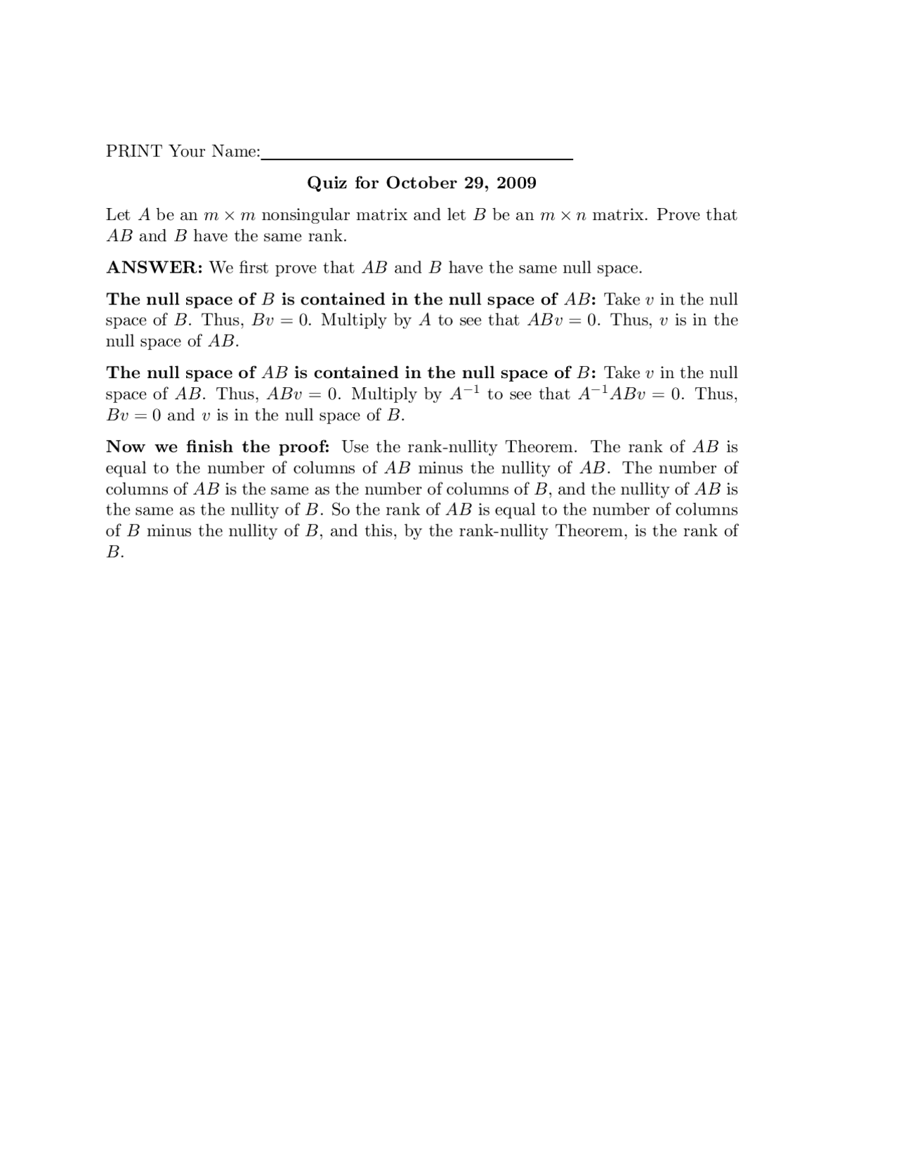 Quiz With Solution For Linear Algebra Math 544 Docsity