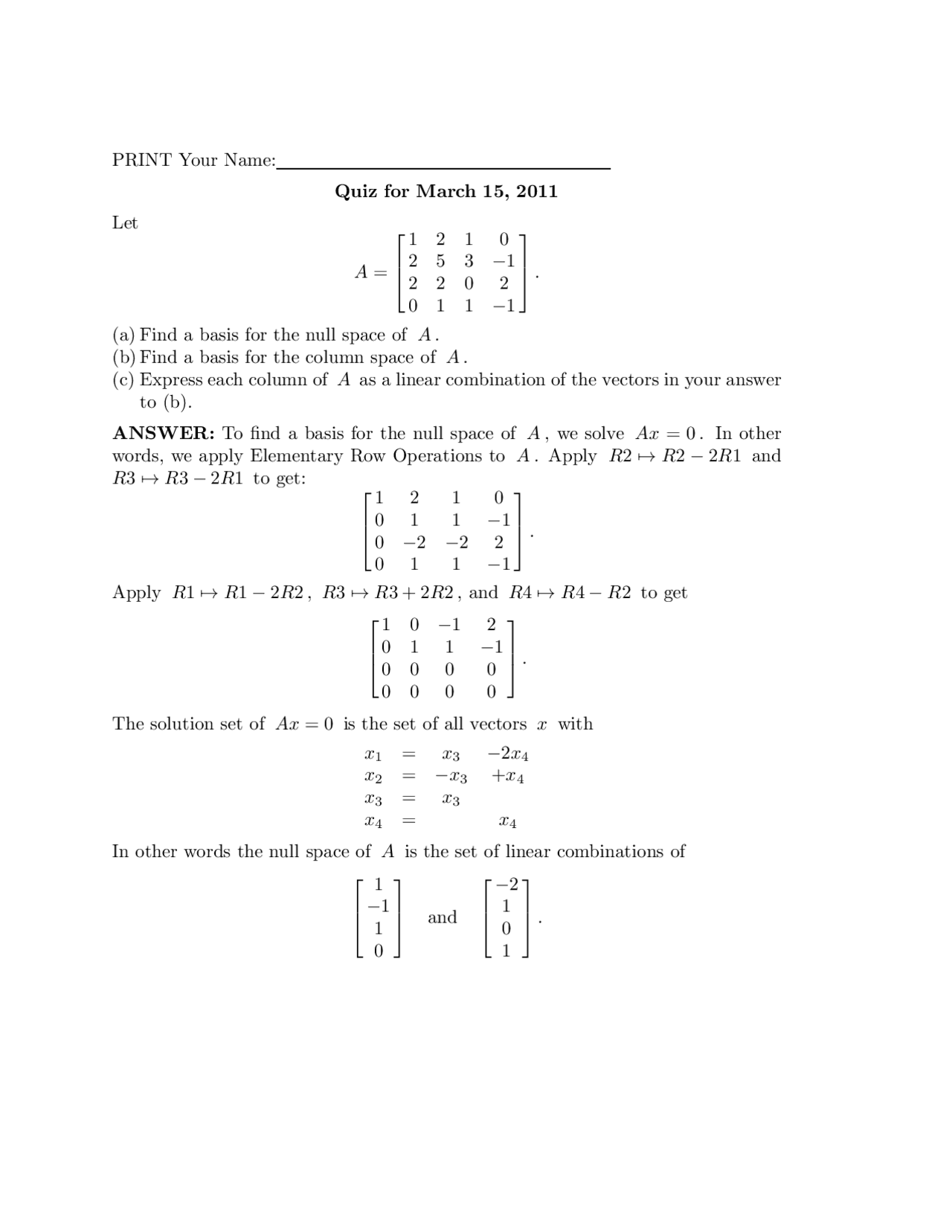 Quiz 6 with Answer Key - Linear Algebra | MATH 544 | Quizzes Linear Algebra | Docsity