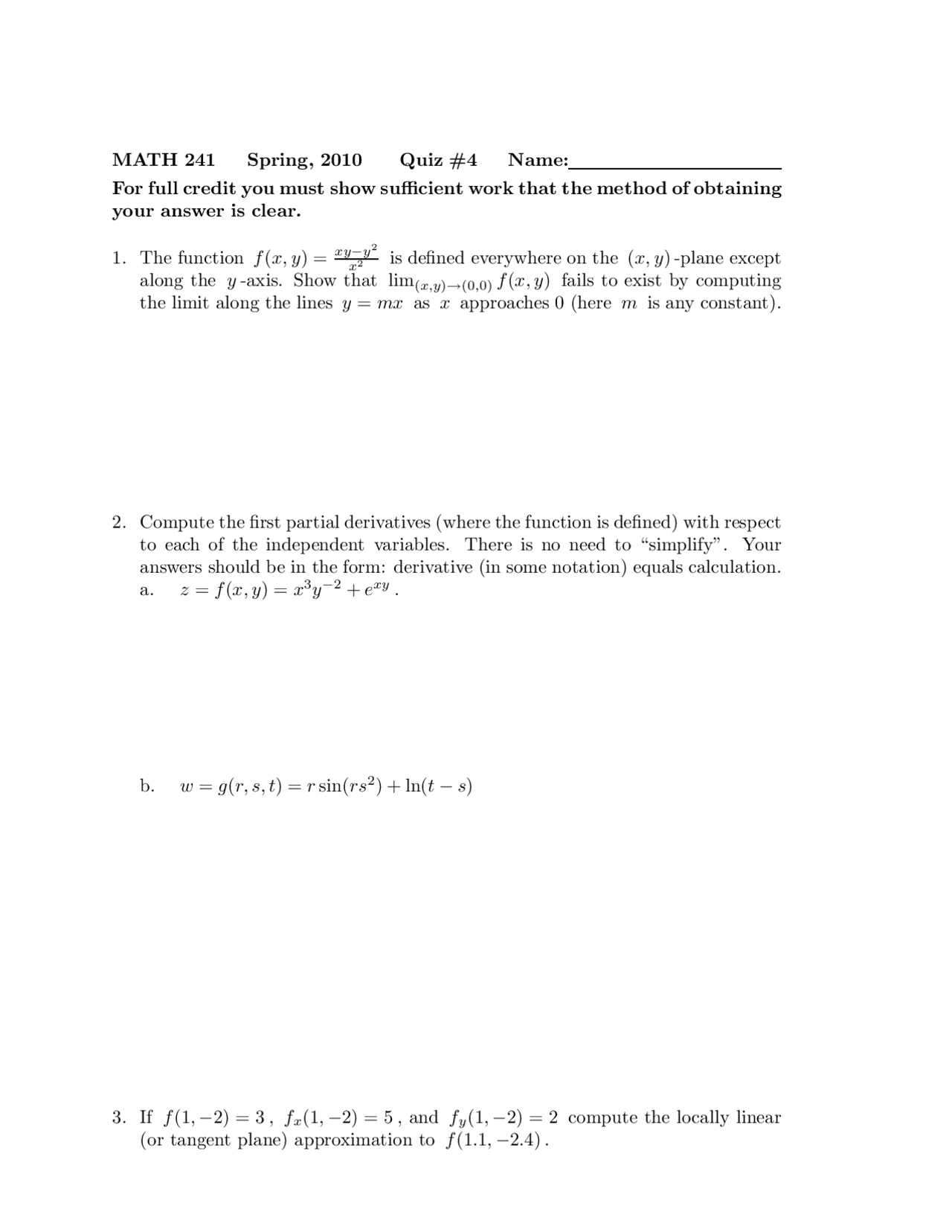 Quiz 4 Questions Unsolved Vector Calculus Math 241 Docsity