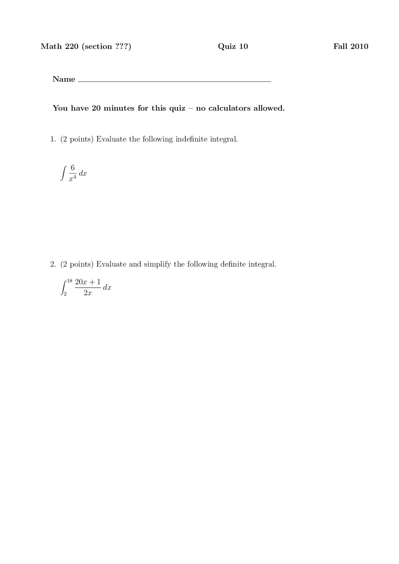 Evaluate Definite And Indefinite Integral Quiz 10 Math 220 Docsity