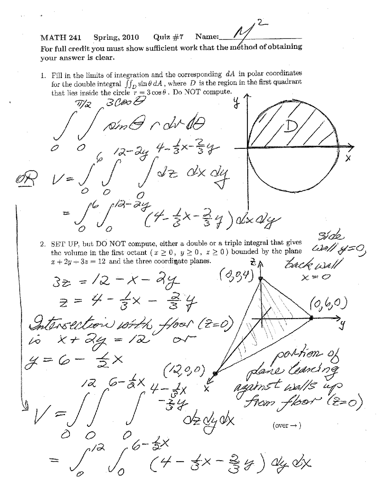Quiz 7 With Solutions For Vector Calculus Math 241 Docsity