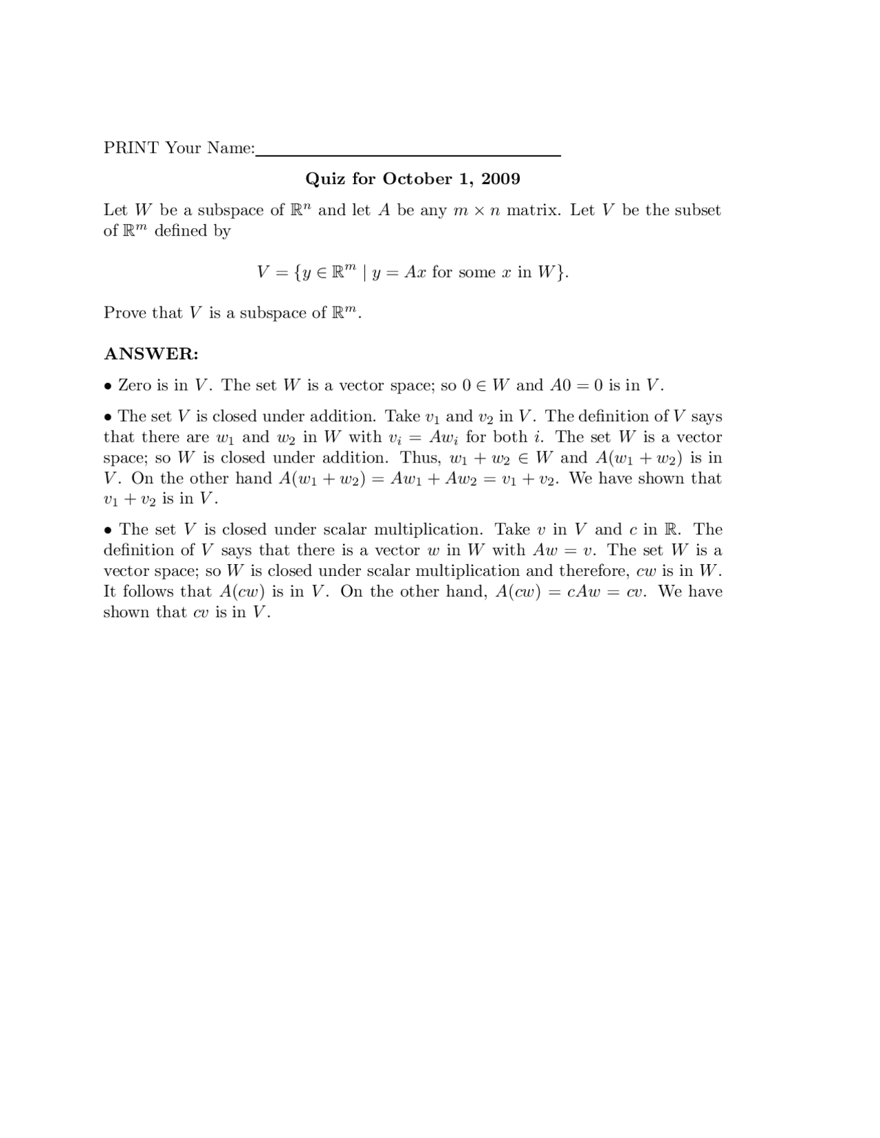 Solved Problem For Quiz 5 Linear Algebra Math 544 Docsity