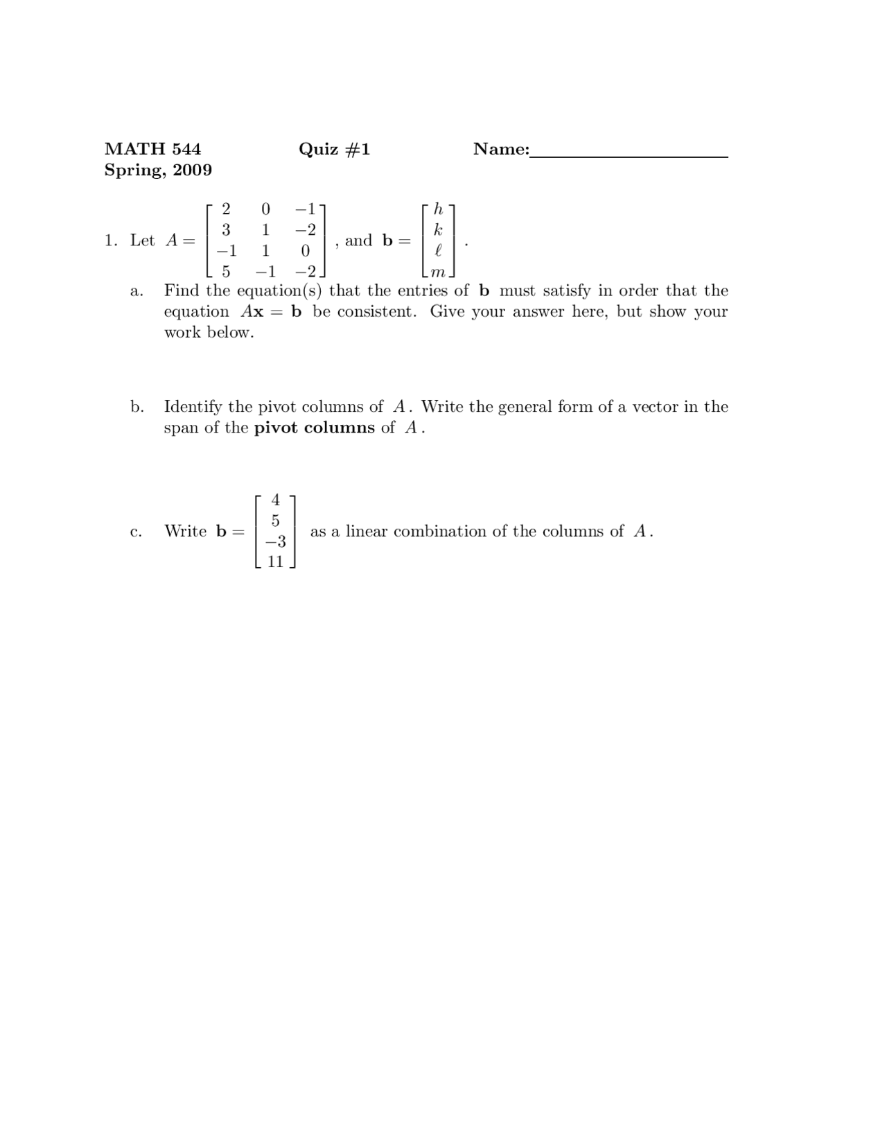 Practice Quiz 1 Linear Algebra Math 544 Docsity