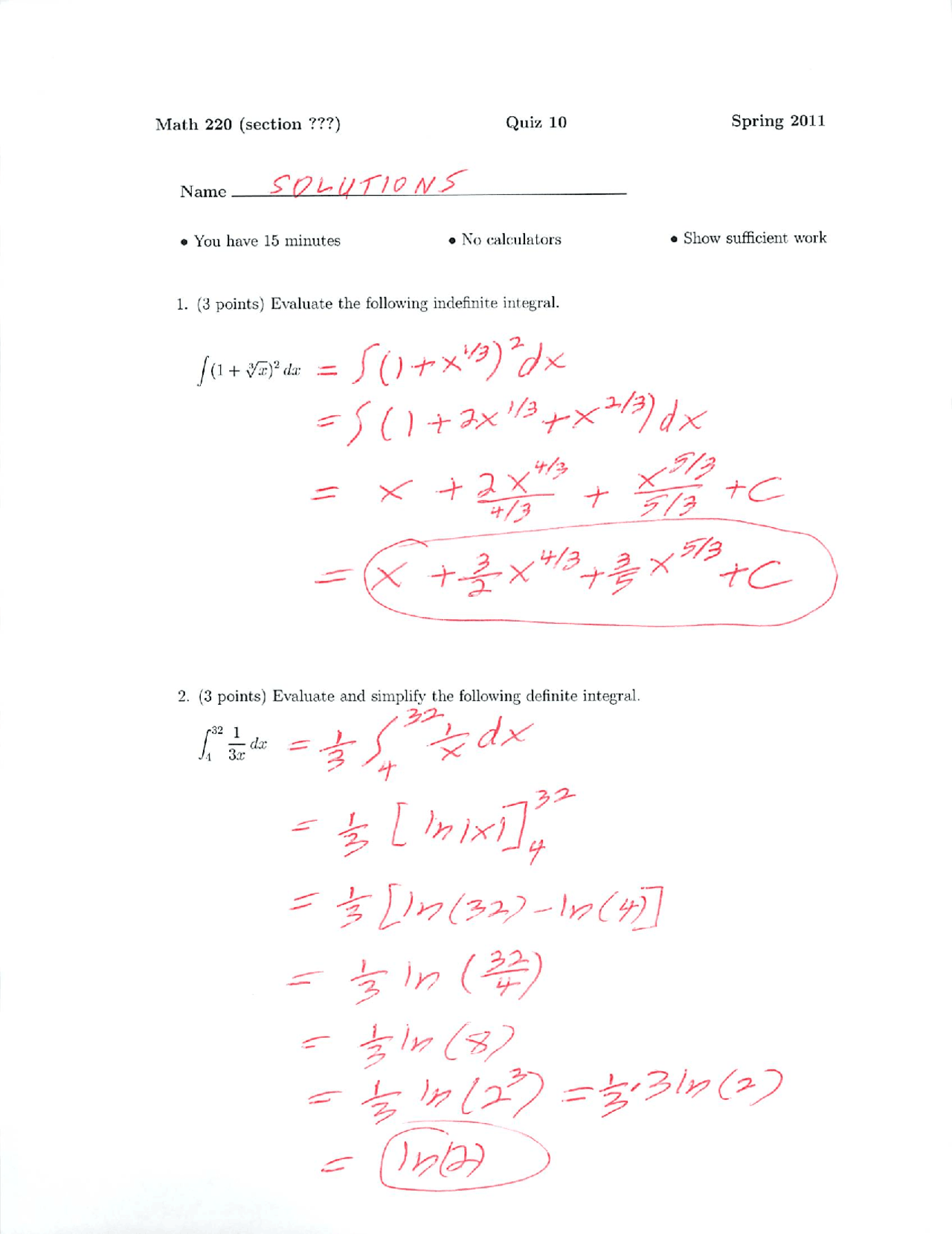 Quiz 10 With Solutions Calculus Math 220 Docsity