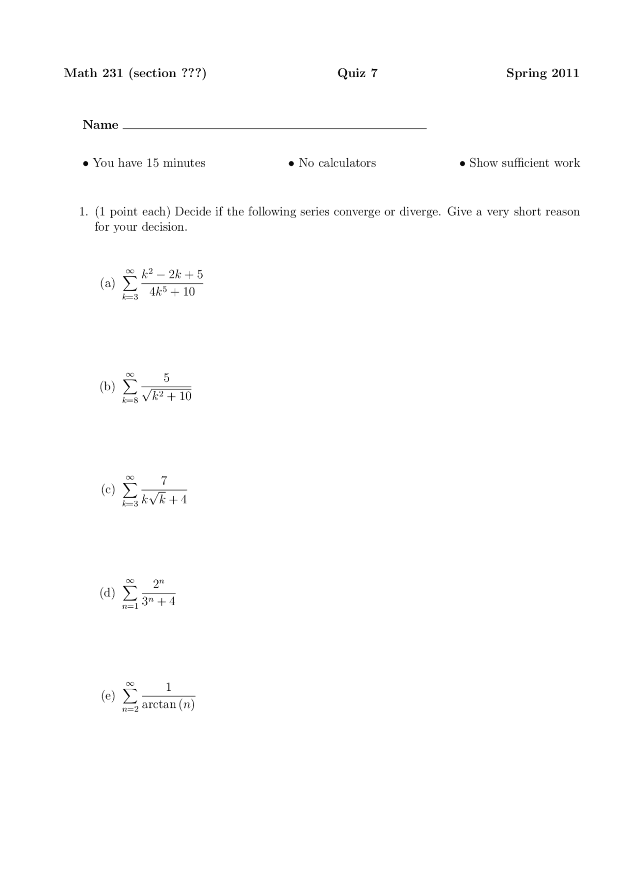Quiz 7 Converge And Diverge Calculus Ii Math 231 Docsity