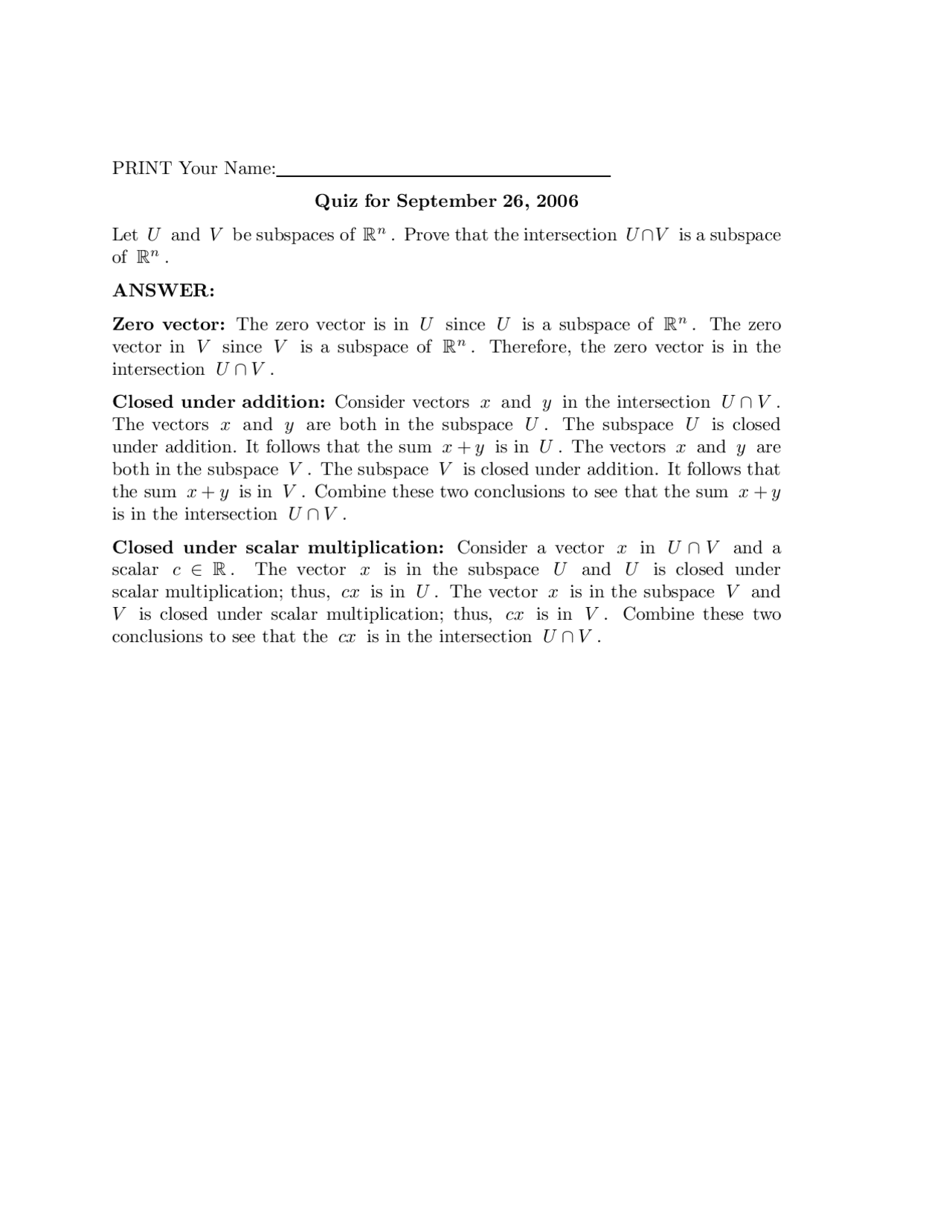 Linear Algebra Sample Quiz 4 Questions Math 544 Docsity