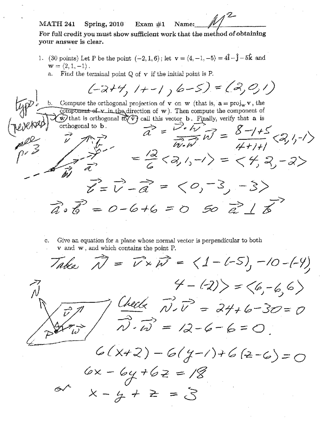Answers Key Exam 1 - Vector Calculus | MATH 241 | Exams Calculus | Docsity