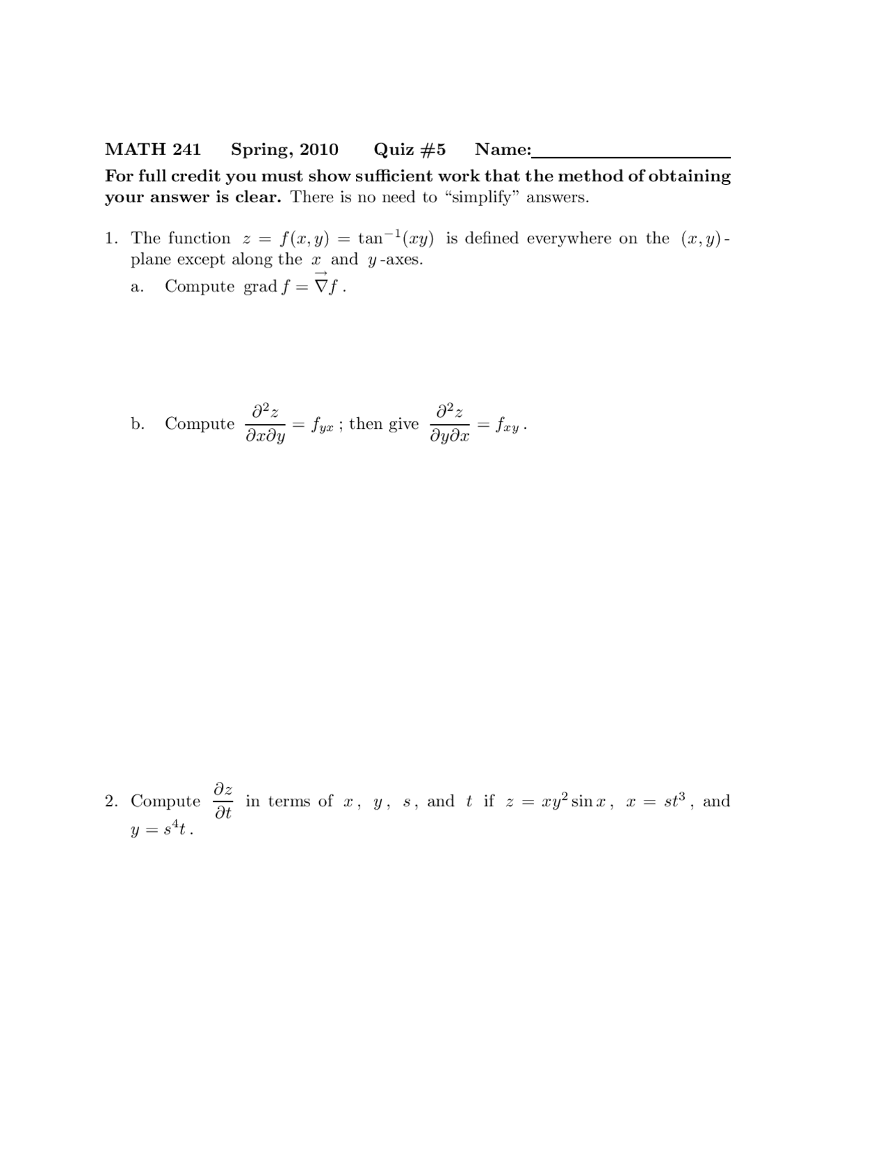 2 Questions On Vector Calculus Quiz 5 Math 241 Docsity