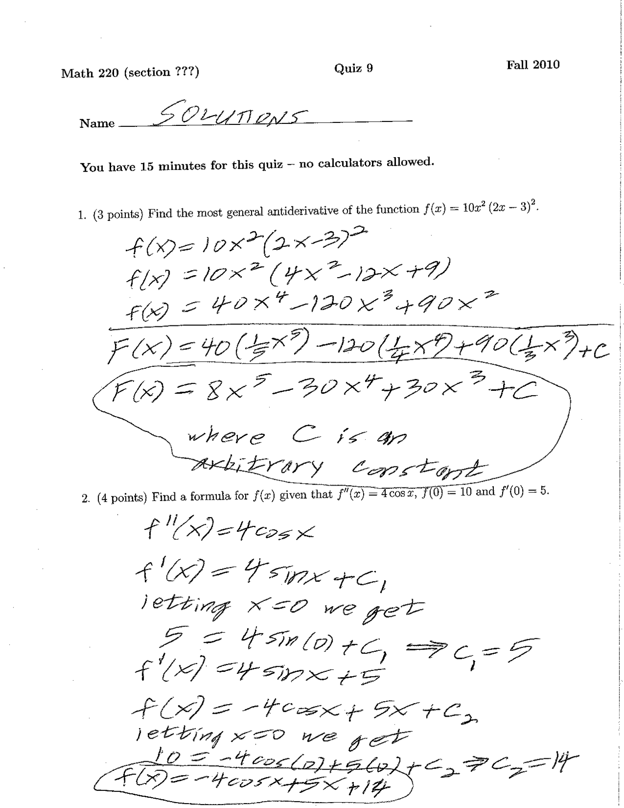 Solution To Quiz 9 Calculus Fall 2010 Math 220 Docsity