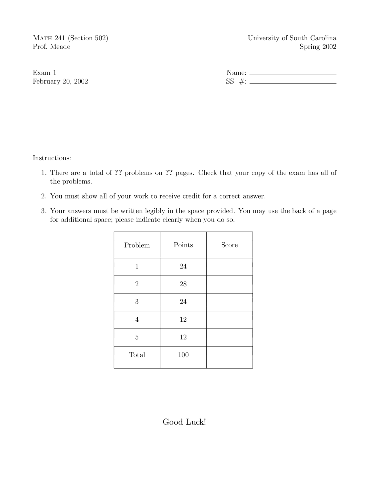 4 Problems Exam 1 Vector Calculus Math 241 Docsity
