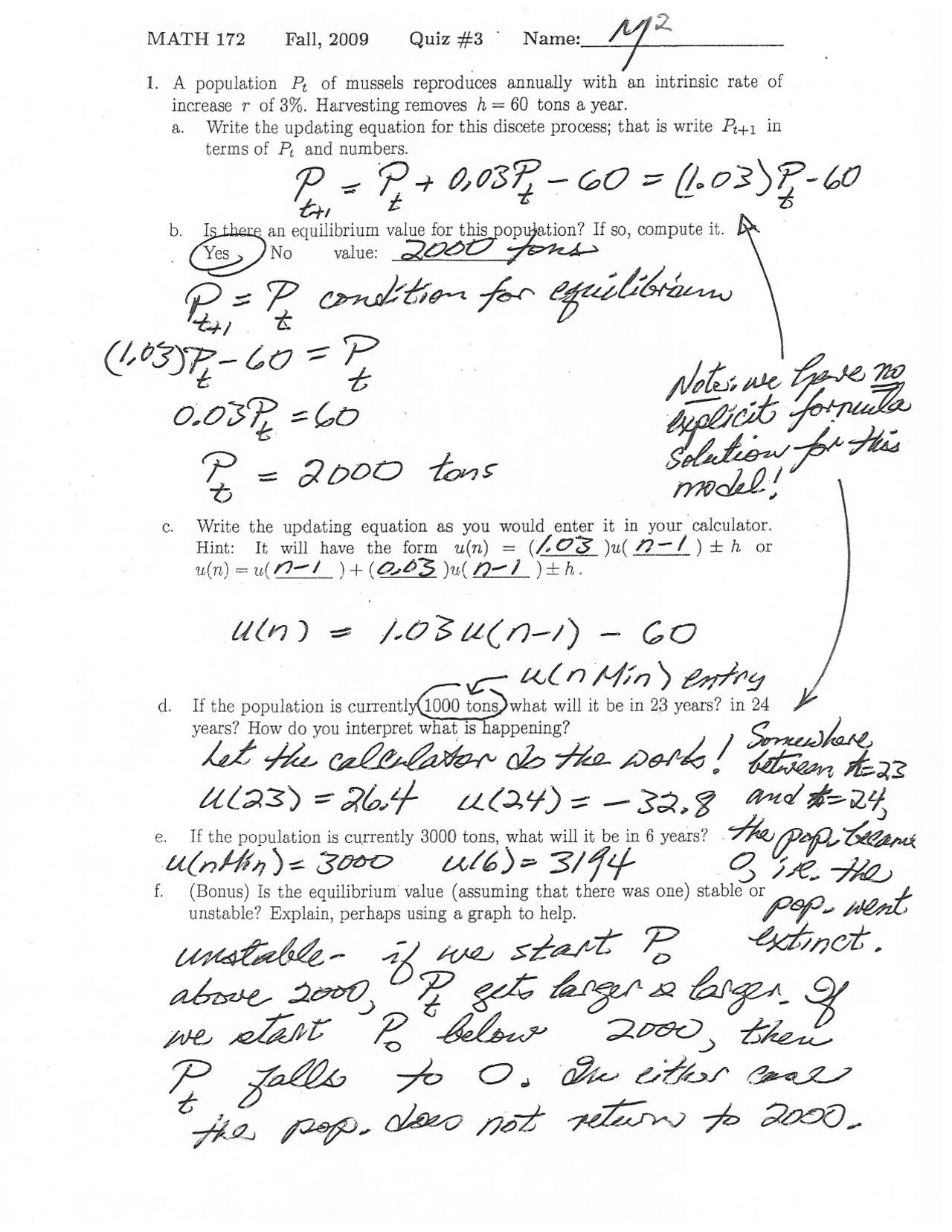 Solutions For Quiz Iii Mathematics Modeling Life Science Fall 2009