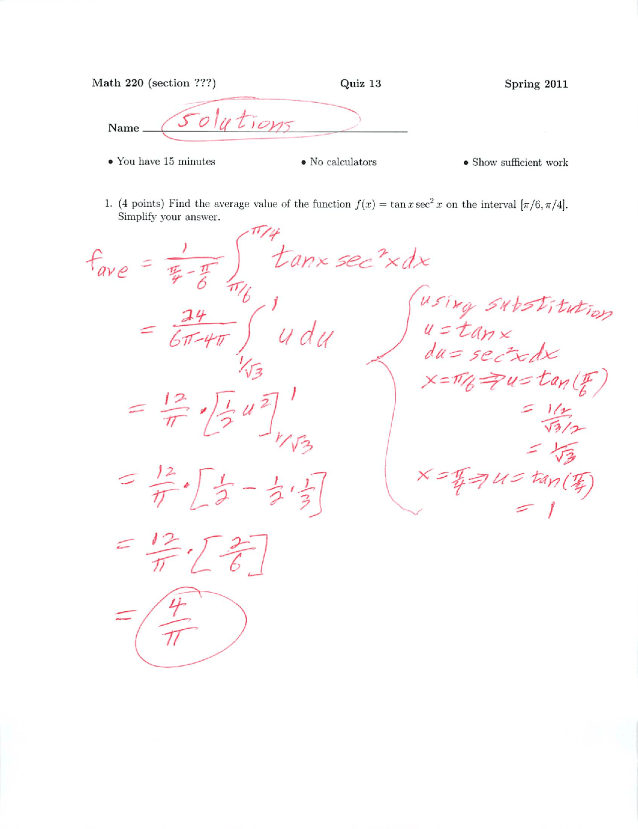 Quiz 13 With Solutions Calculus Math 220 Docsity
