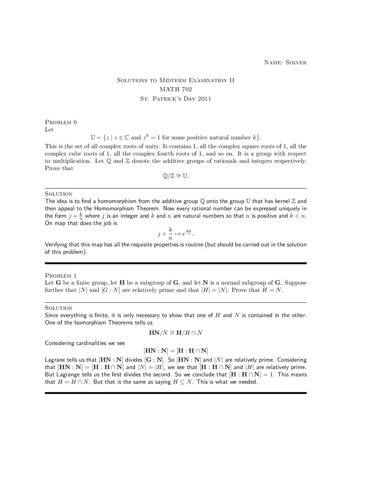 Solutions To Midterm Exam 2 Algebra Ii Math 702 Docsity