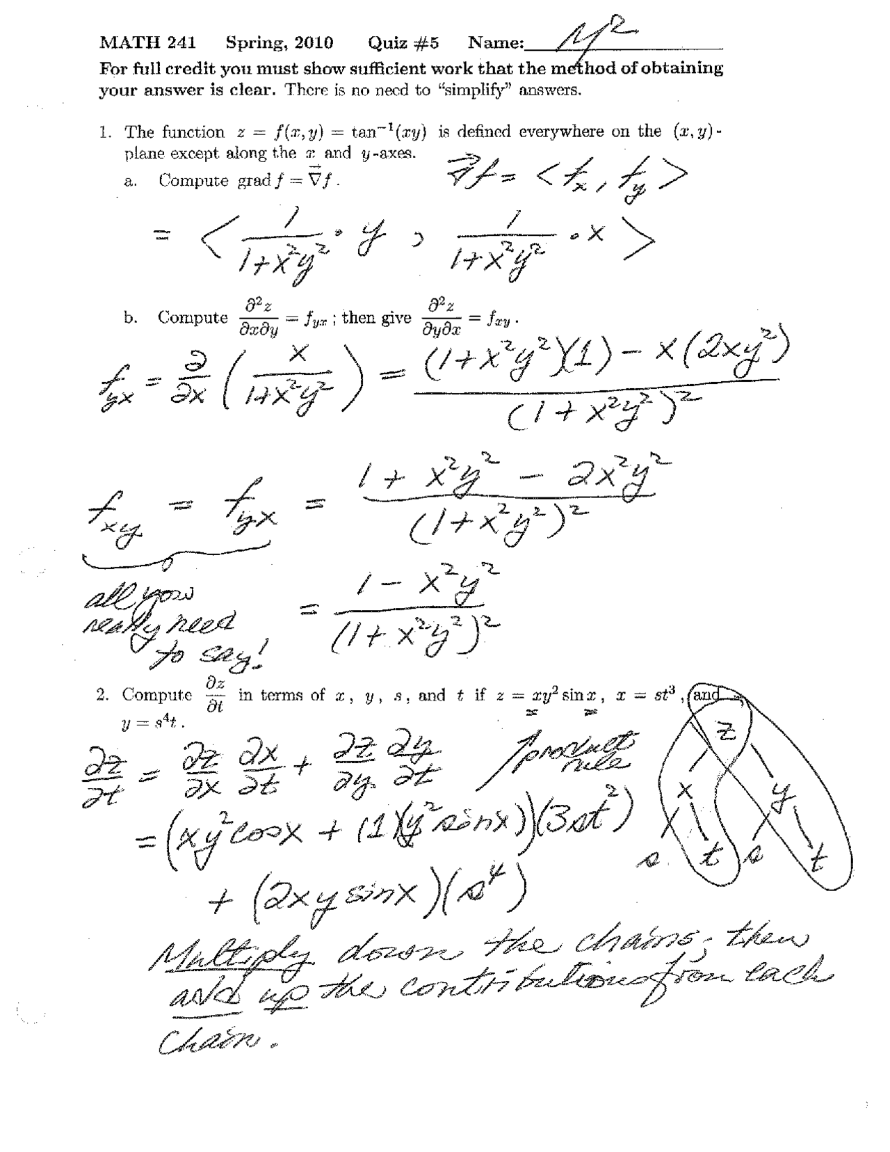 Solutions For Quiz Five Vector Calculus Math 241 Docsity