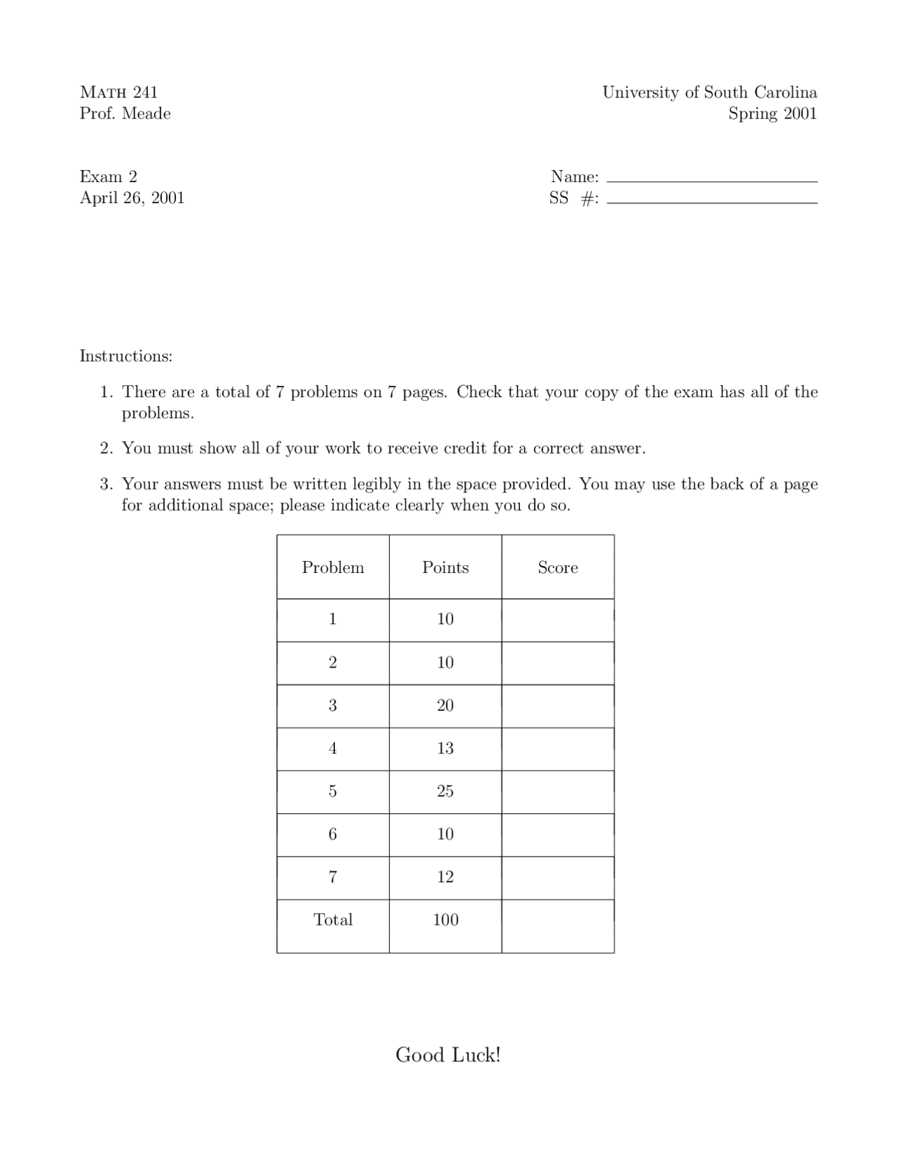 7 Questions for Past Examination 2 - Vector Calculus | MATH 241 - Docsity