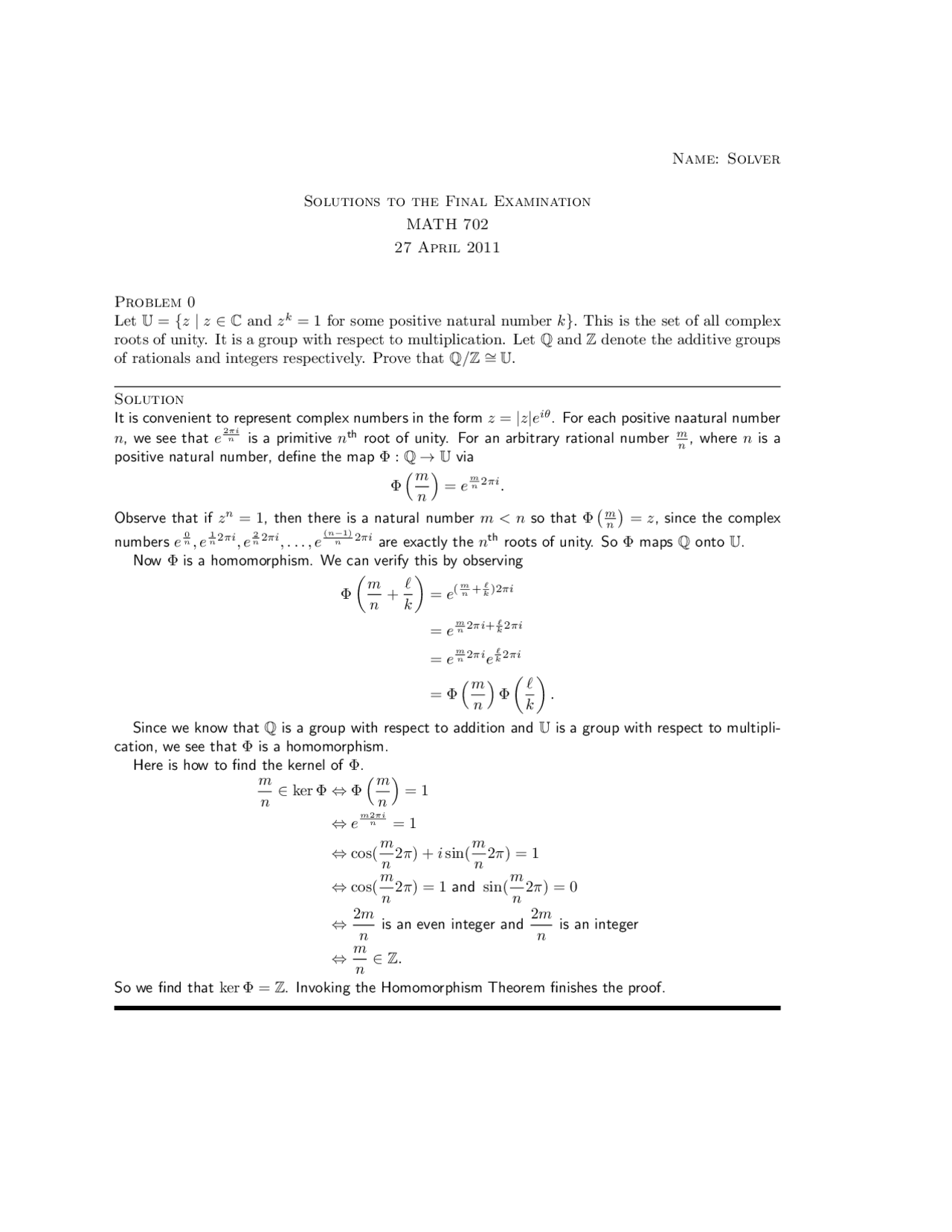Algebra Ii Solutions For Final Exam Math 702 Docsity