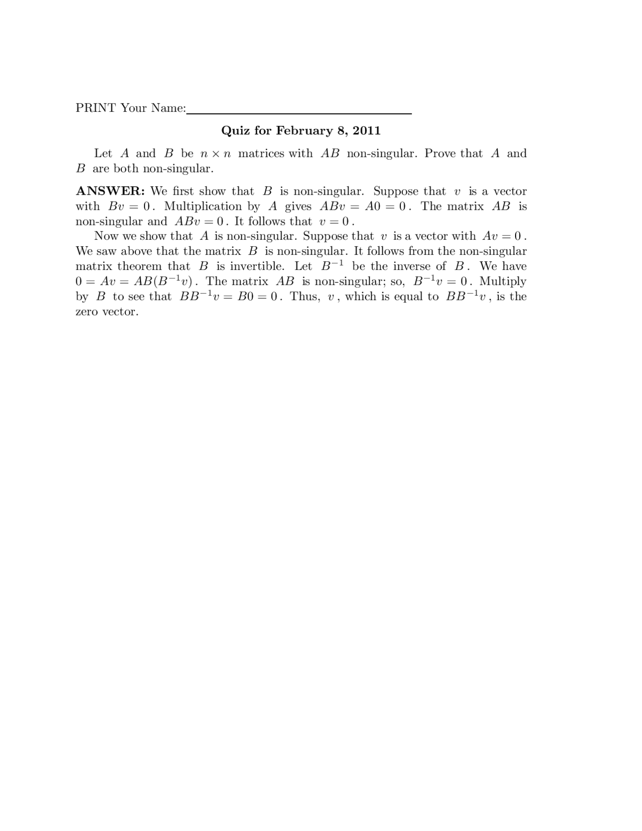 Practice Quiz 3 With Answers Linear Algebra Math 544 Docsity