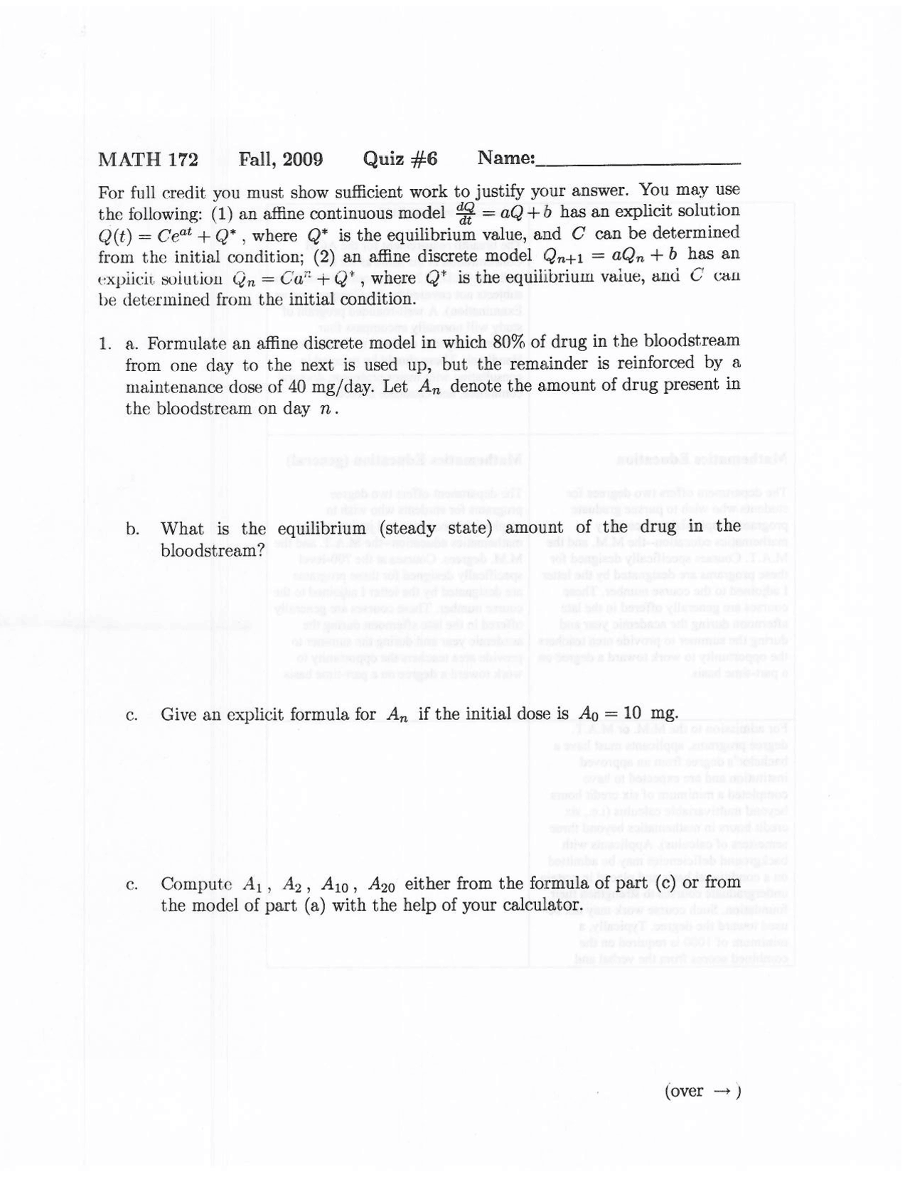 Mathematics Modeling Life Science Quiz 6 Problems Math 172 Docsity