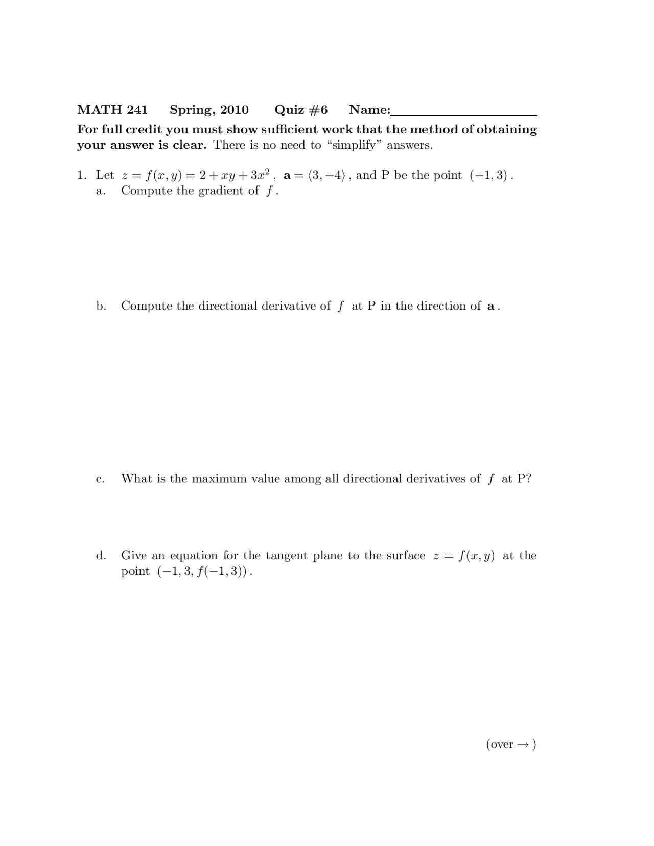 Questions On Vector Calculus Quiz Six Math 241 Docsity