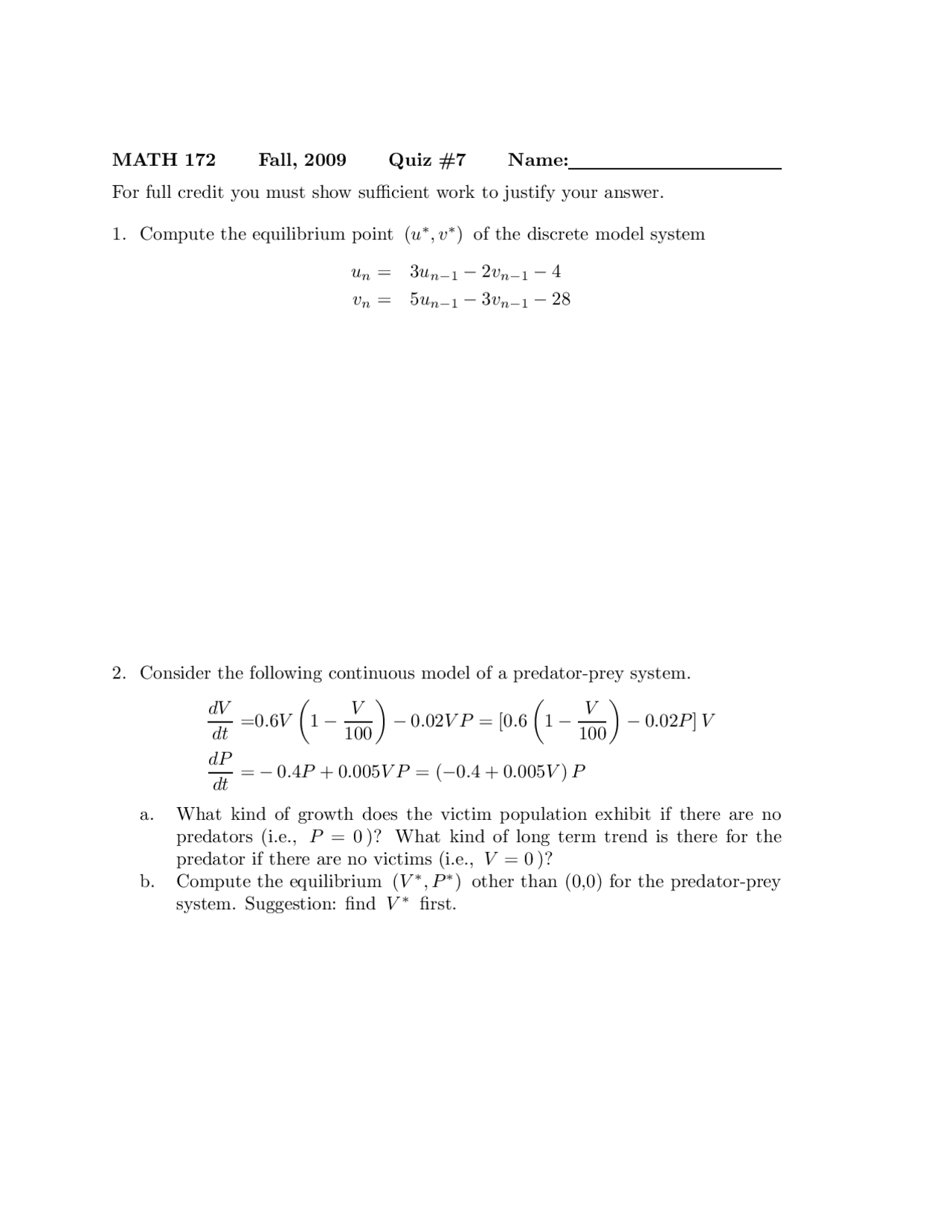 Quiz 7 Mathematics Modeling Life Science Math 172 Docsity