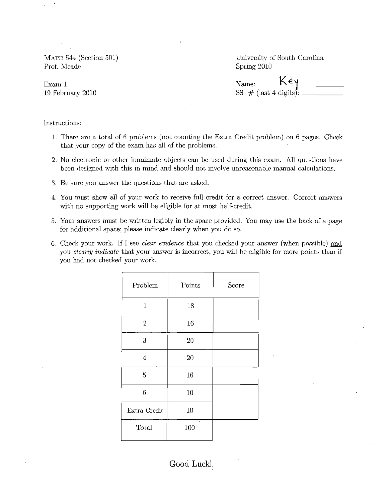 Answers key for Exam 1 - Linear Algebra | MATH 544 | Exams Linear ...