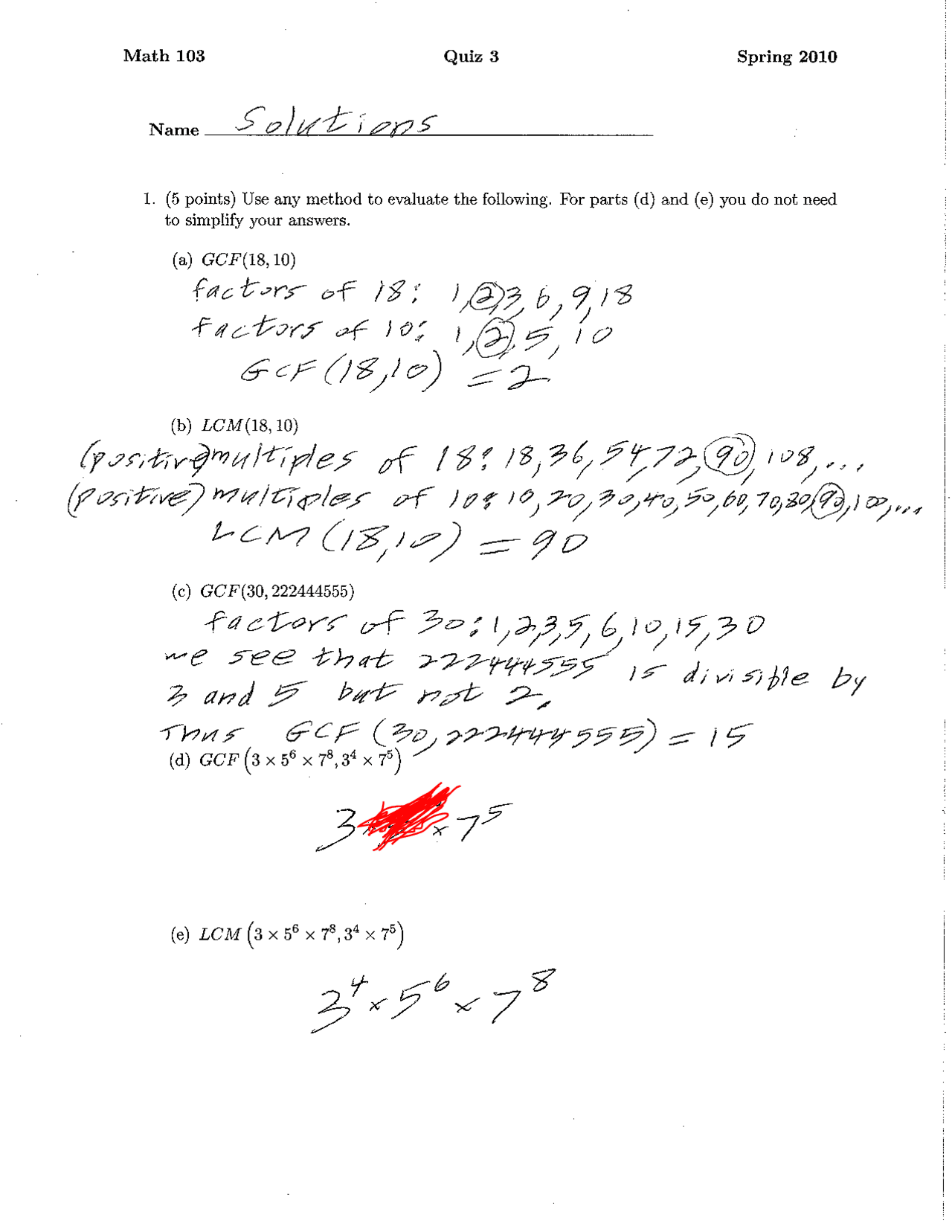 Theory Of Arithmetic Quiz 3 Solutions Math 103 Docsity