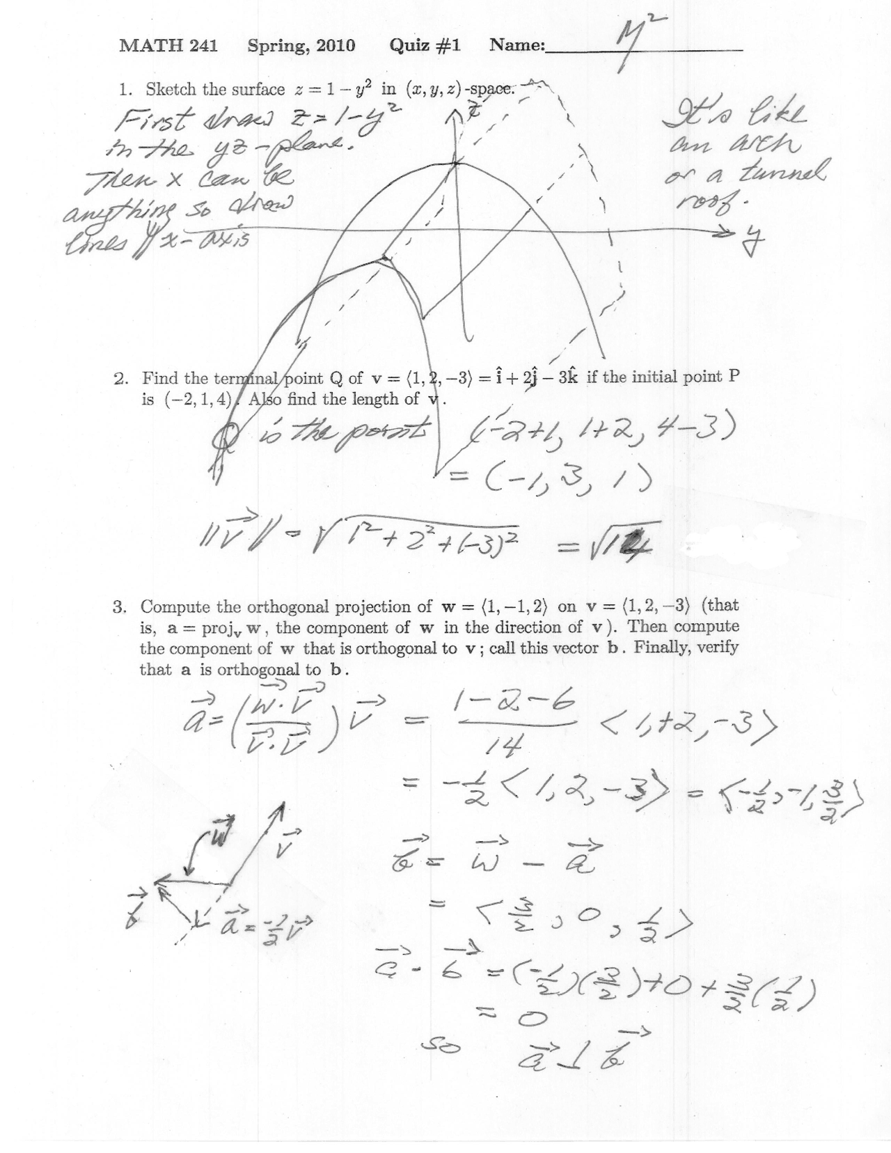 Quiz 1 Solution - Vector Calculus - 2010 | MATH 241 - Docsity