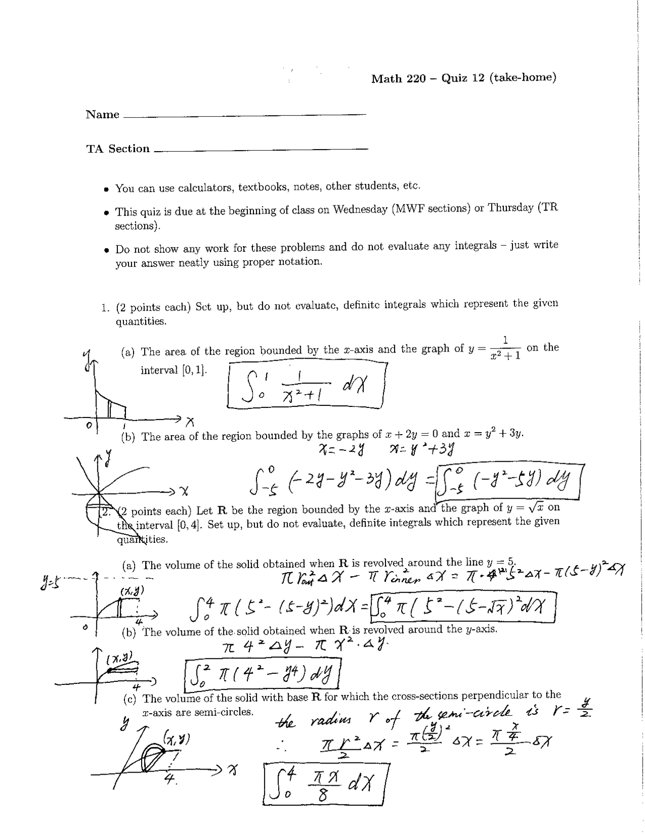 Take Home Quiz 12 Questions for Calculus | MATH 220 | Quizzes Calculus | Docsity