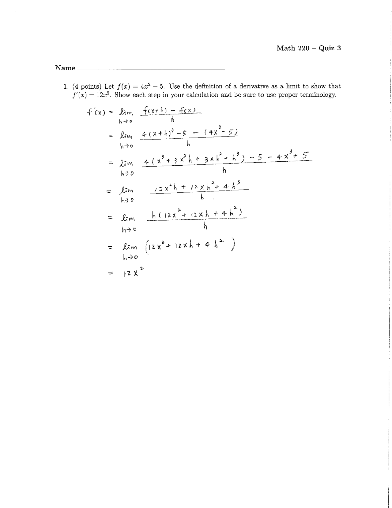 Quiz 3 Questions With Solutions Calculus Math 220 Docsity