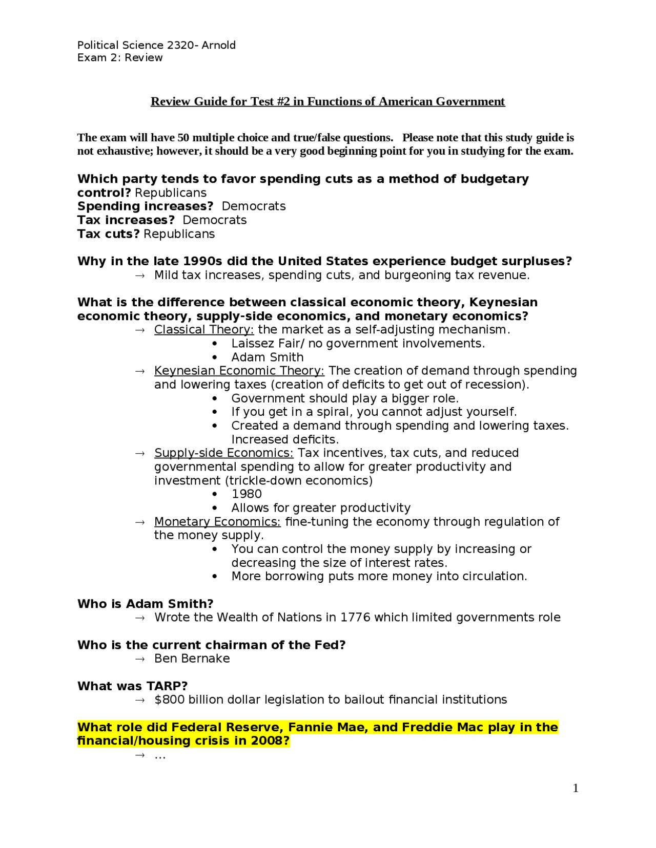 Exam 2 Study Guide - Functions of the American Government | POSI 2320 ...