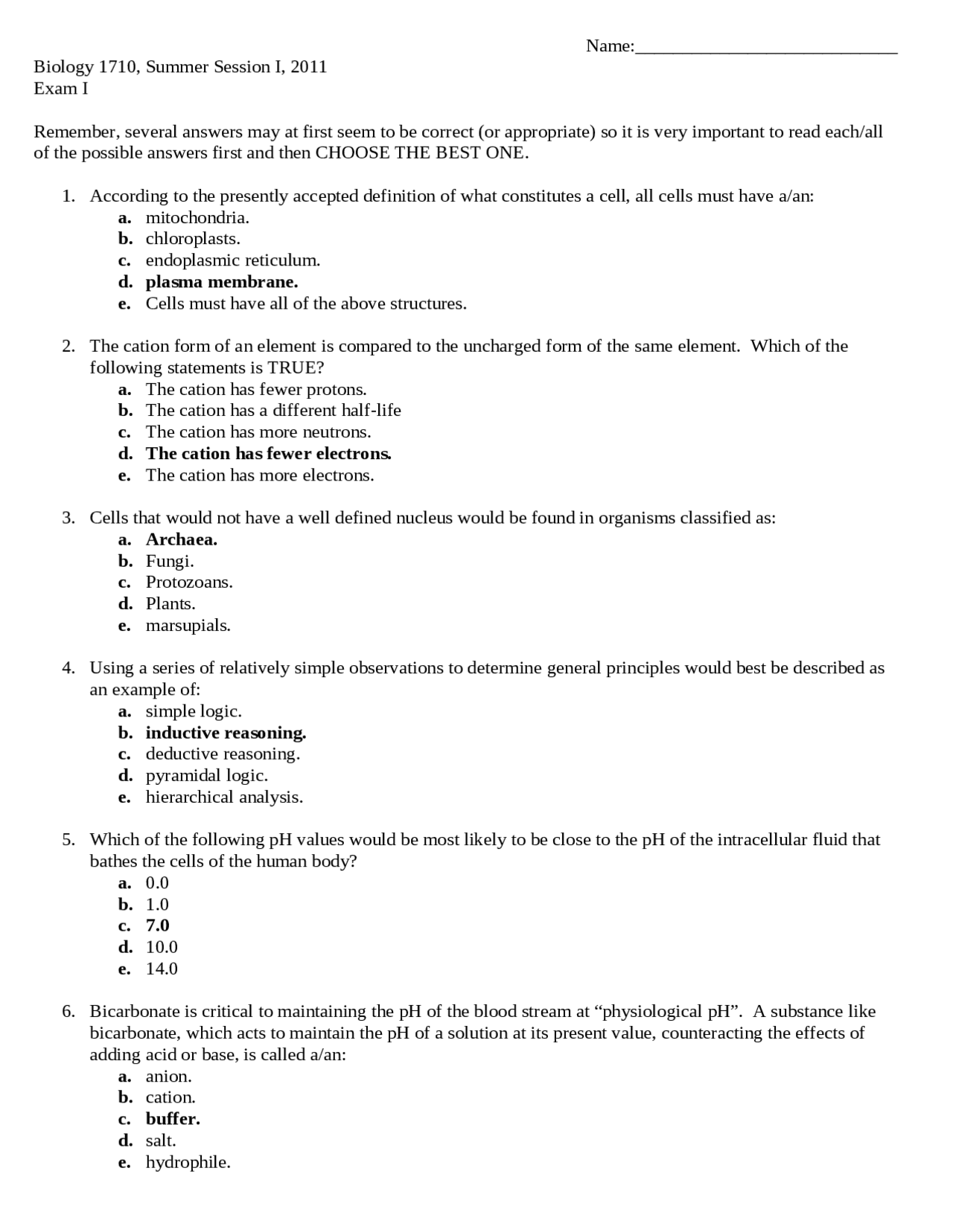Examination I with Answer Key on Principles of Biology I | BIOL 1710 ...