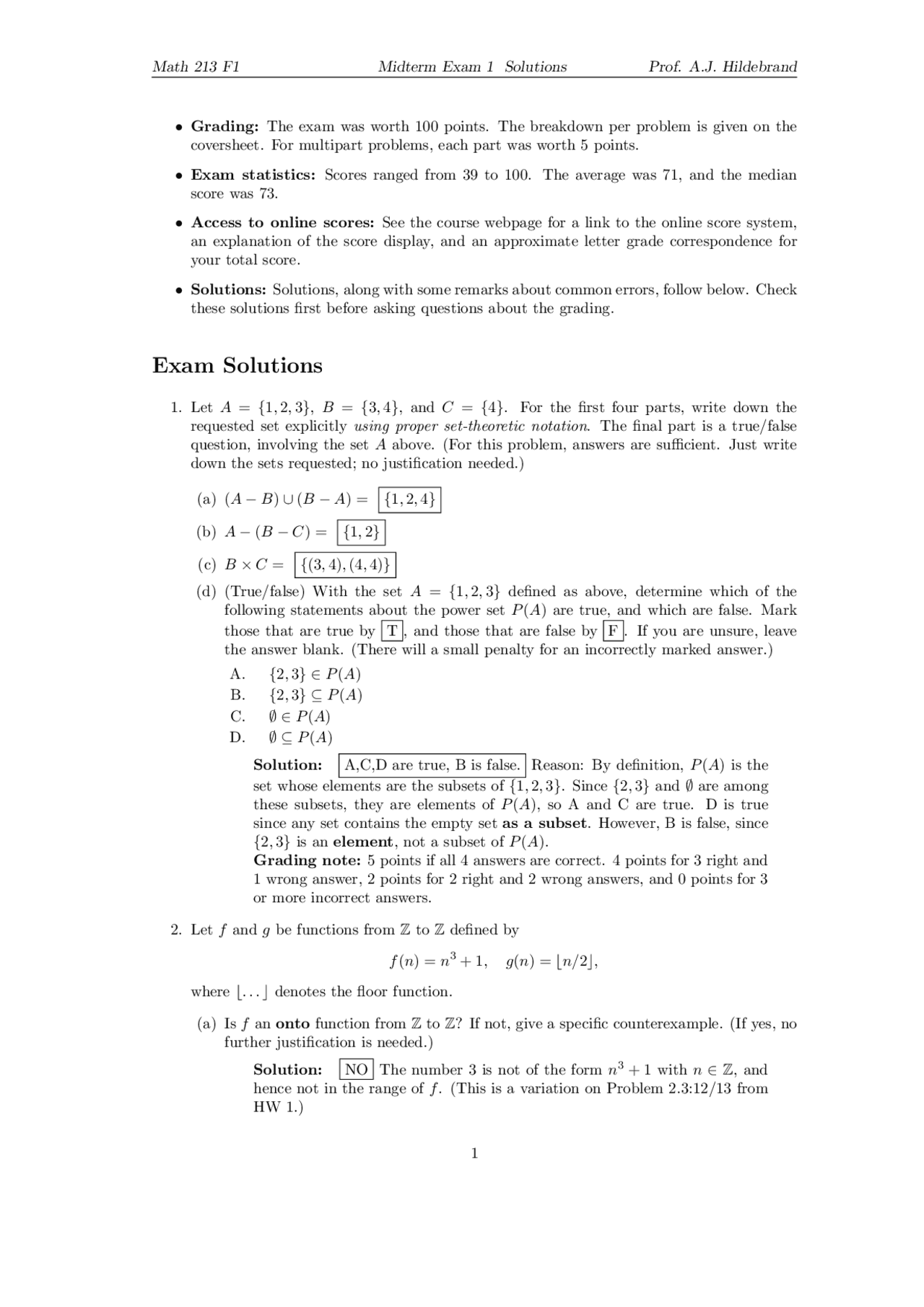 Midterm Exam 1 Solutions Basic Discrete Mathematics Math 213 Docsity
