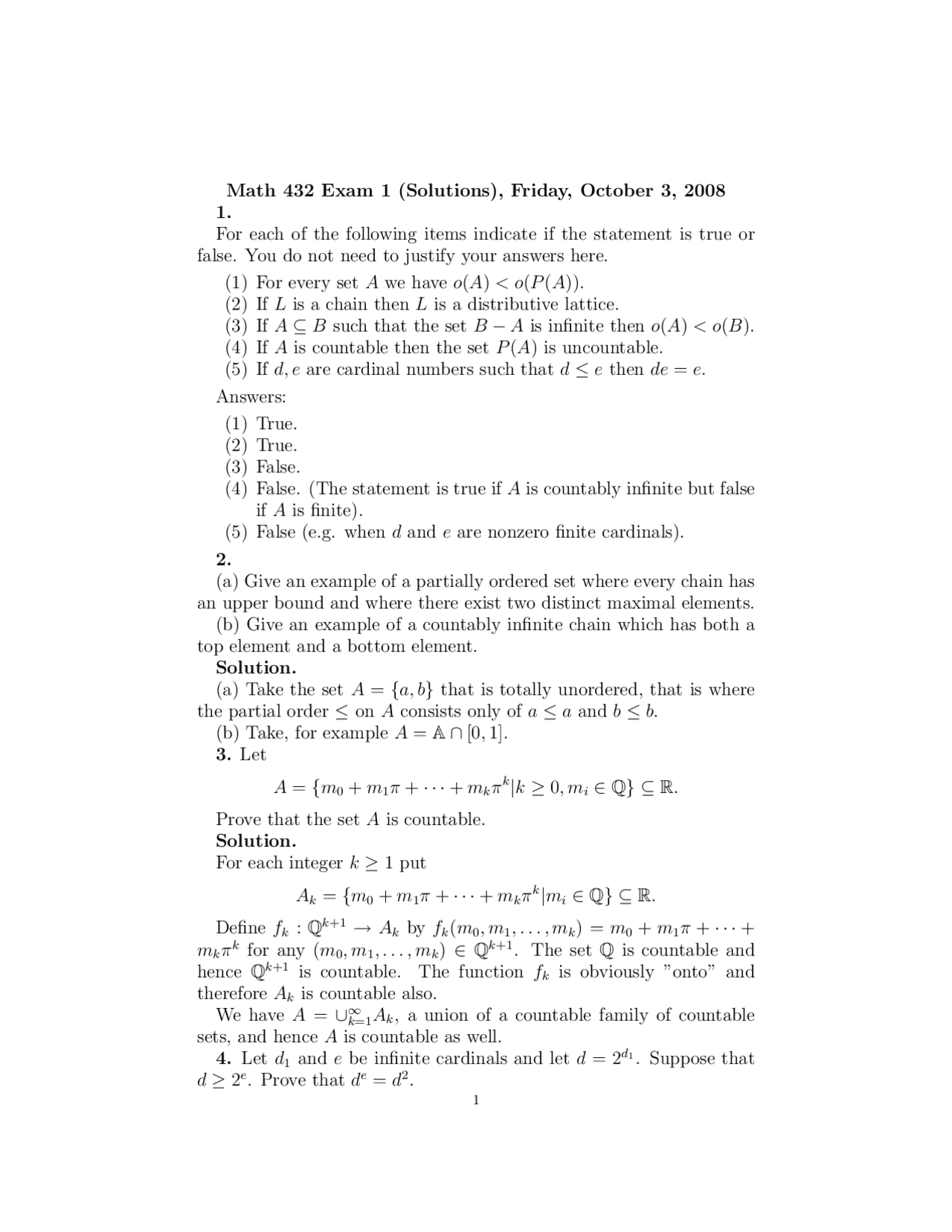 Exam 1 Solutions Set Theory And Topology Math 432 Docsity