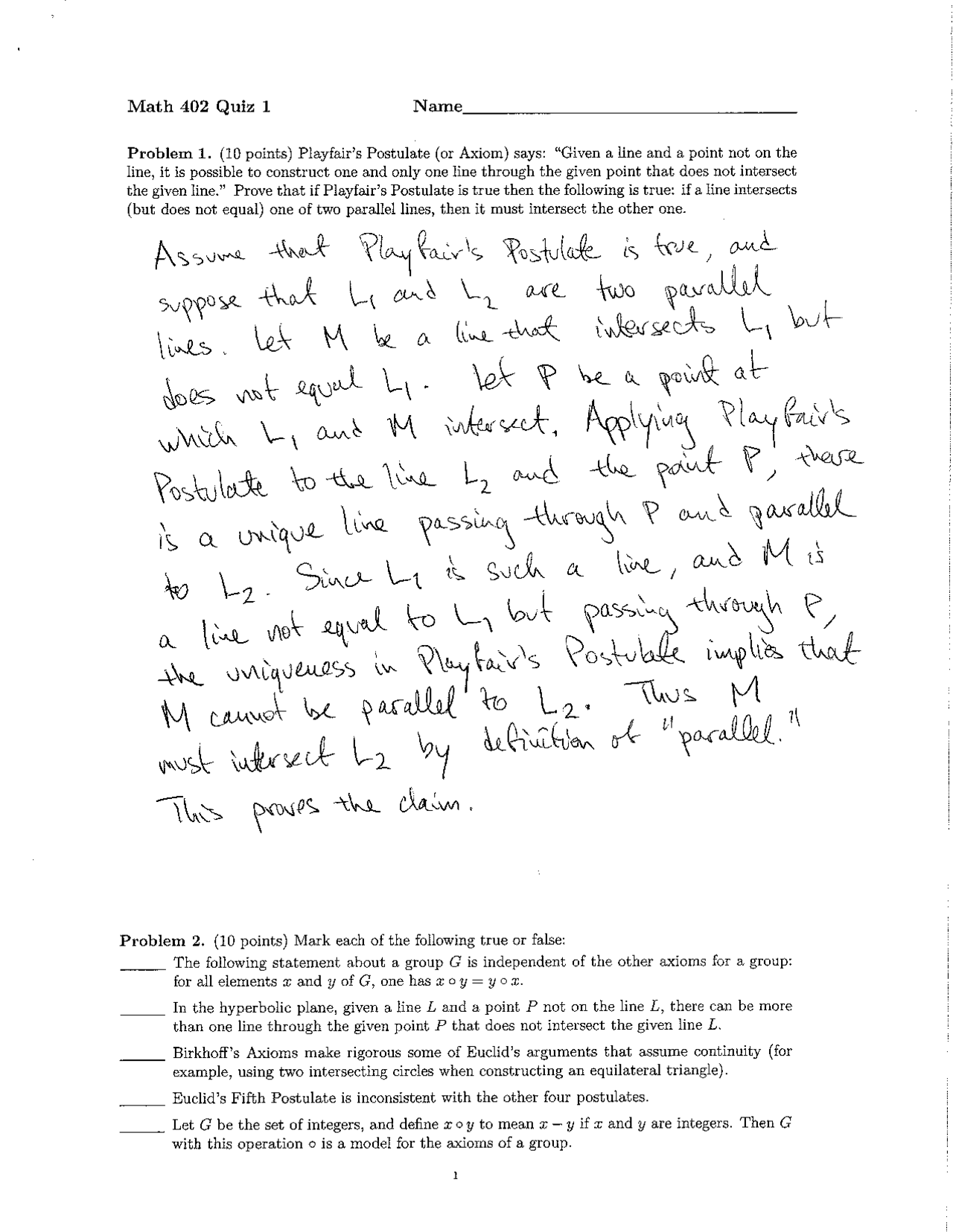 Solution Of Quiz 1 3 Problems On Non Euclidean Geometry Math 402