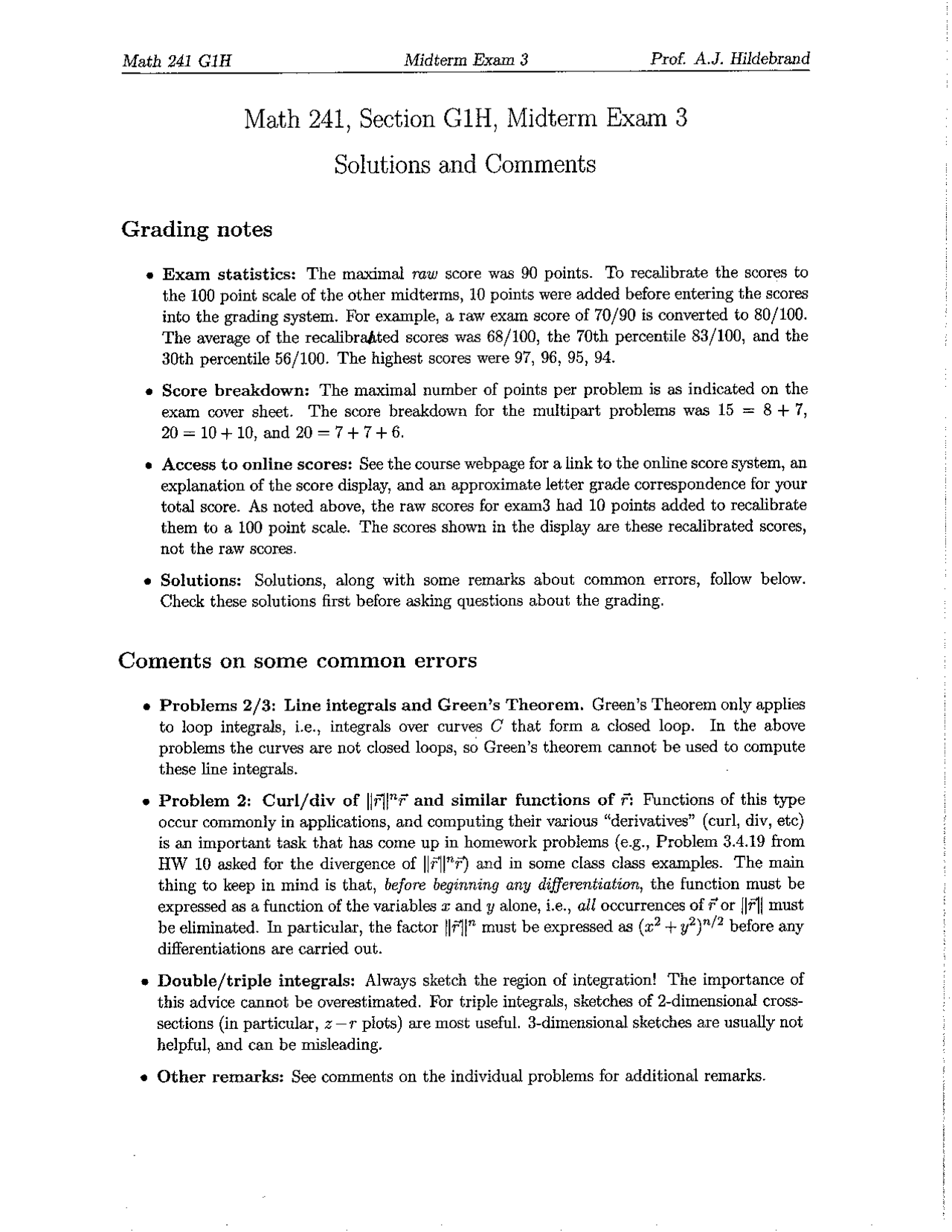 Midterm Exam With Solutions And Comments Calculus Iii Math 241